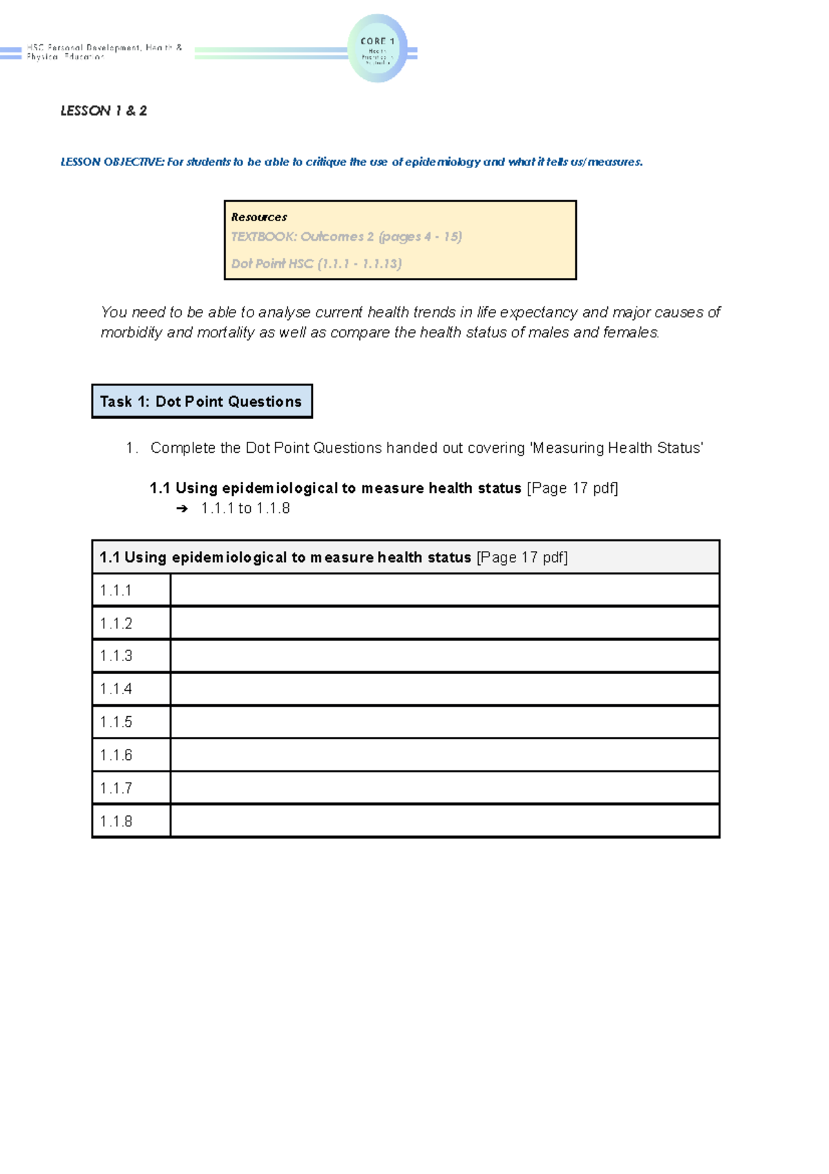CQ1 Measuring health status - LESSON 1 & 2 LESSON OBJECTIVE: For ...