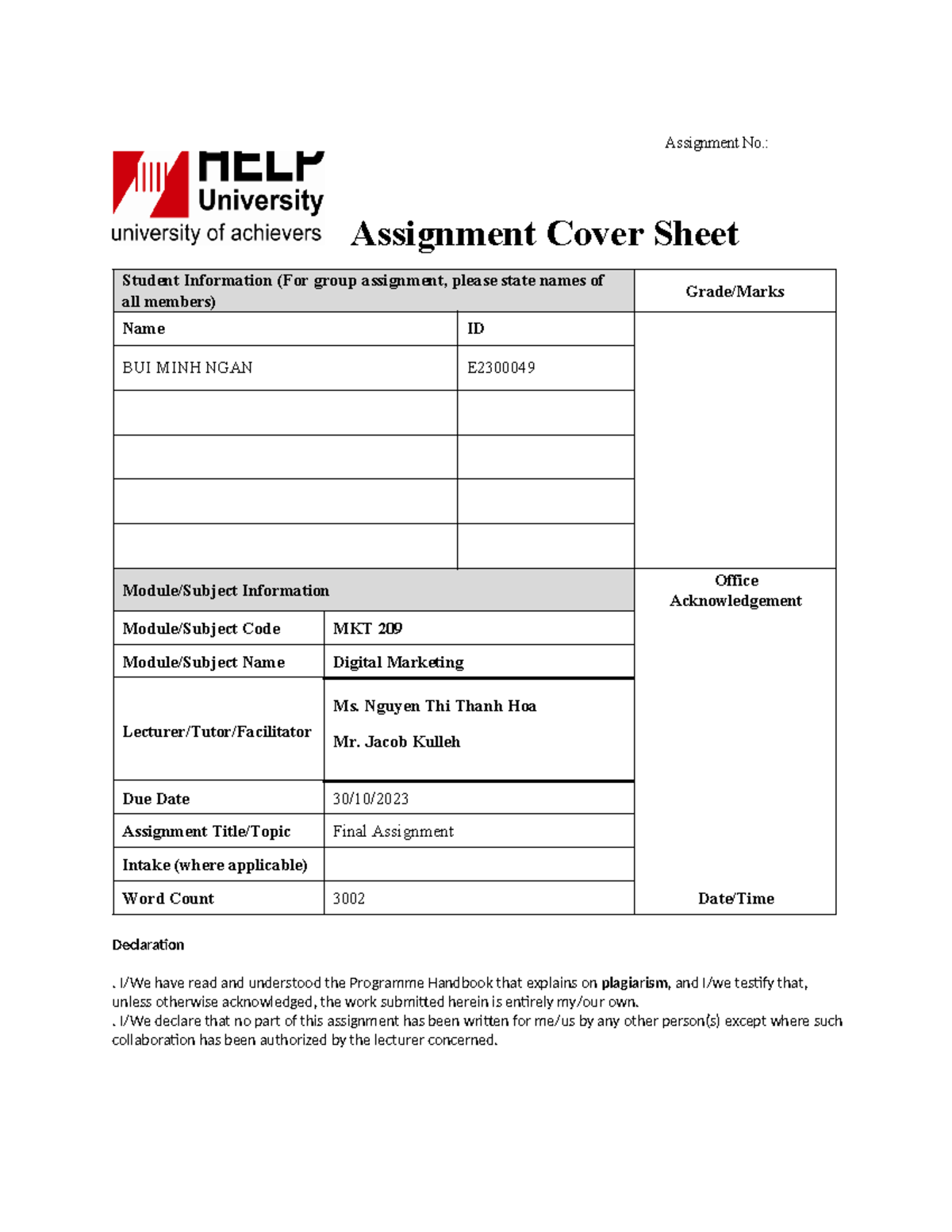 Digital Mar Final - Assignment No.: Assignment Cover Sheet Student ...
