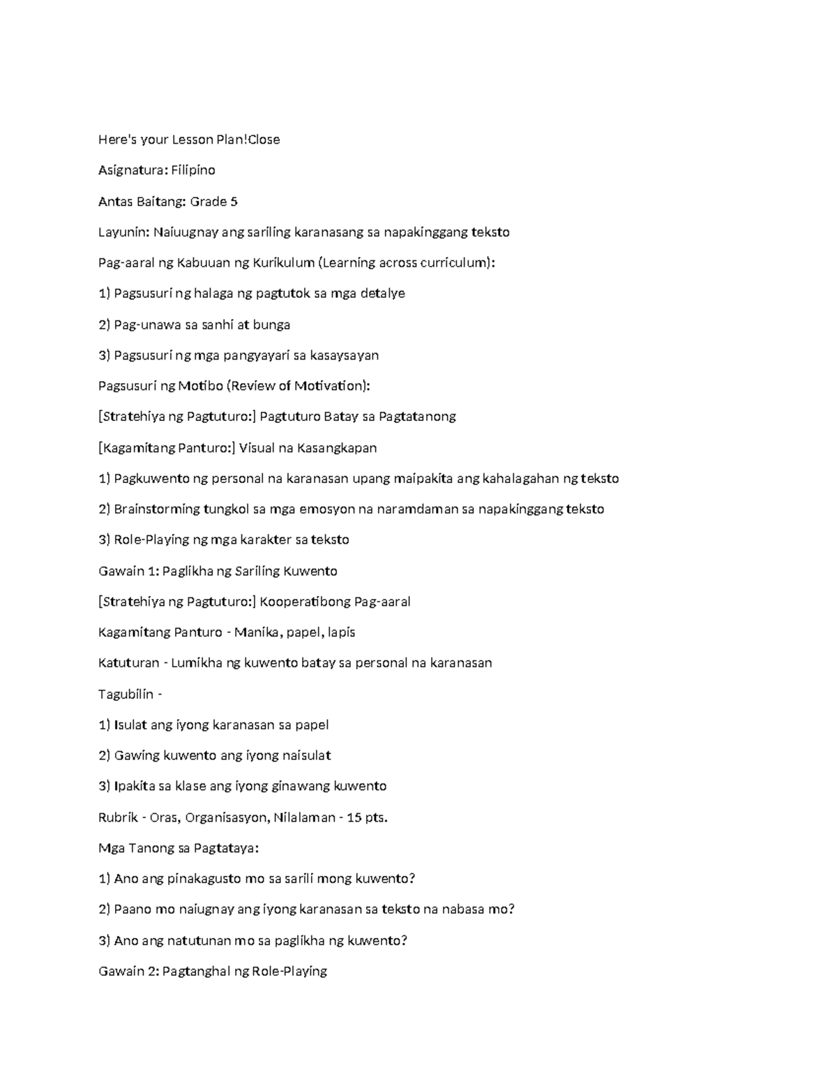 Filipino - Here's your Lesson Plan!Close Asignatura: Filipino Antas ...