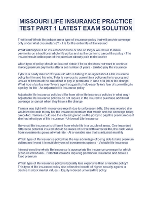 Life Insurance Exam Missouri study guide solution - Life Insurance Exam ...