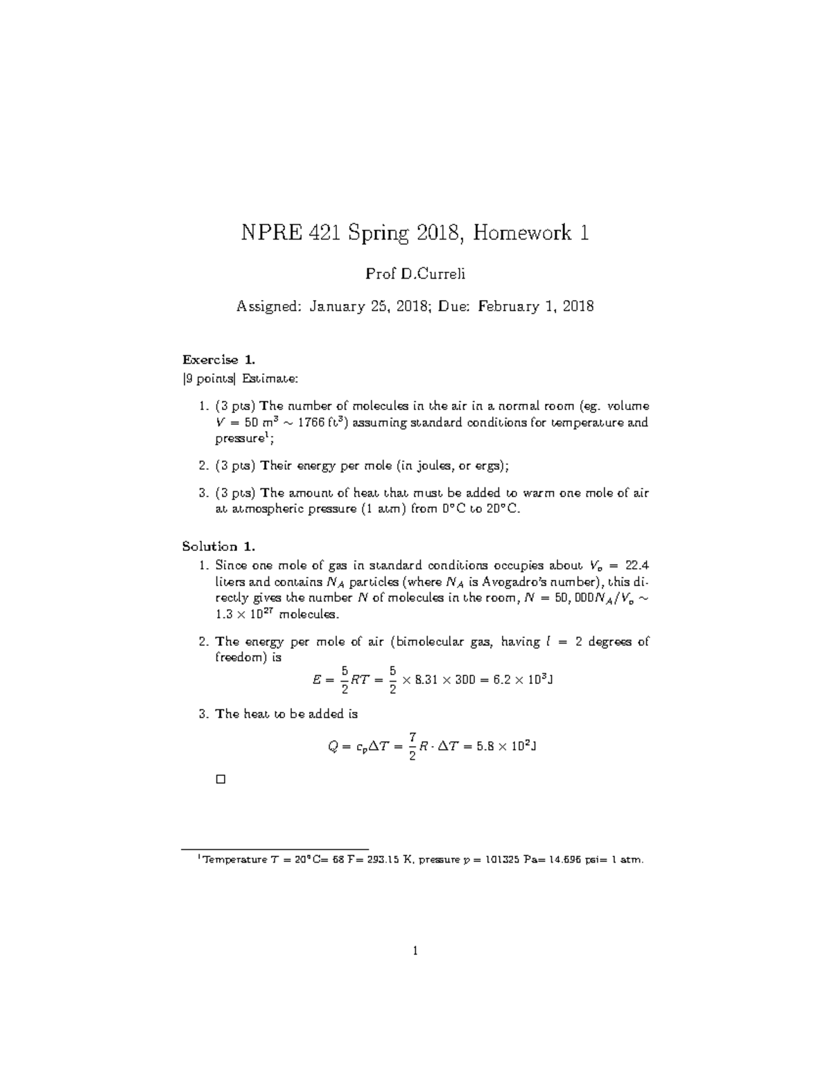 Homework 1 Solution - NPRE 421 Spring 2018, Homework 1 Prof D Assigned: January 25, Due ...