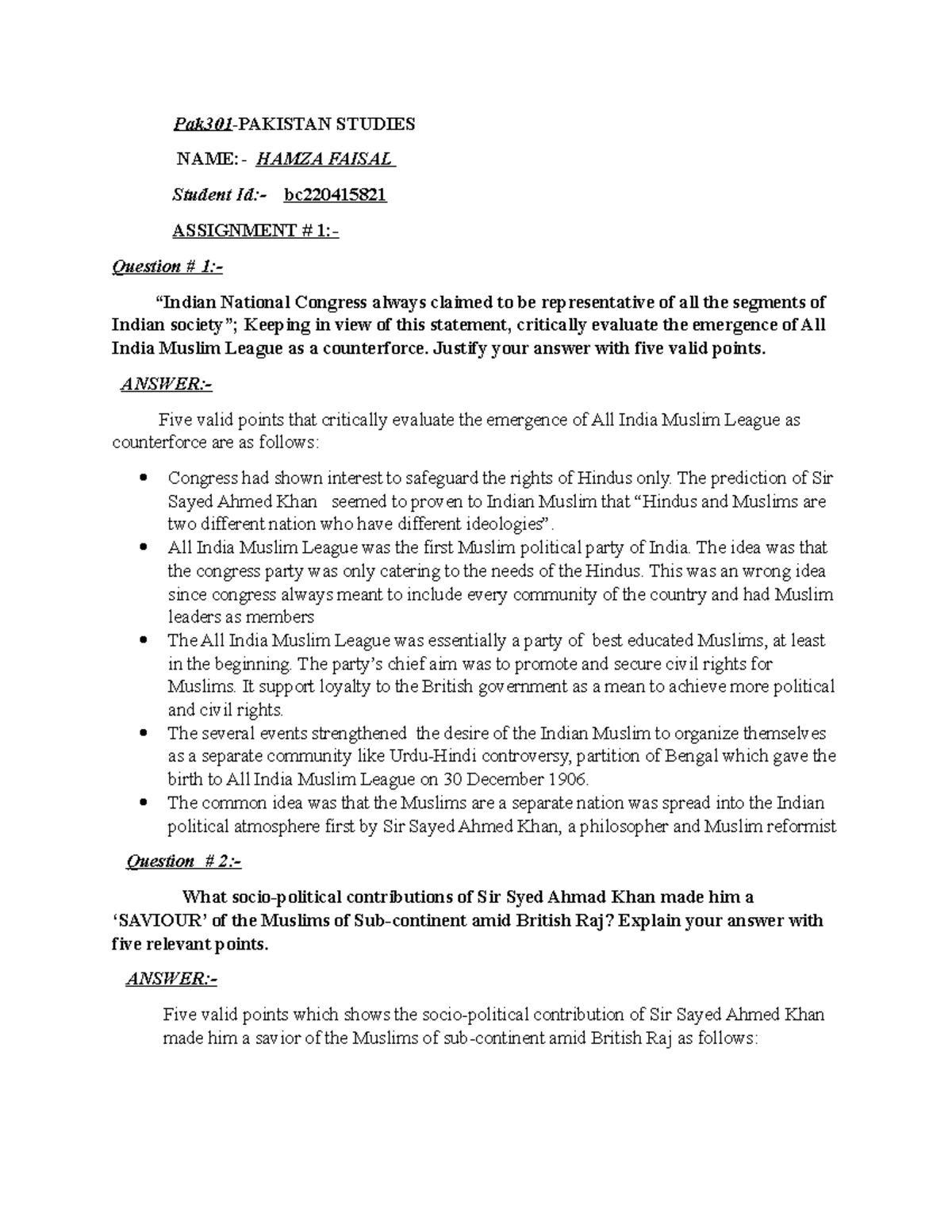 (bc220415821) - Assignment - Pak301-PAKISTAN STUDIES NAME:- HAMZA ...
