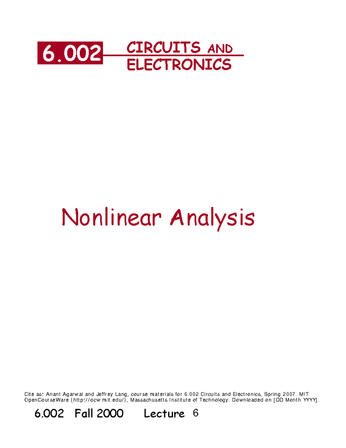NON Linear Analisish - Cit e as: Anant Agarwal and Jeffrey Lang, course m at erials for 6 ...