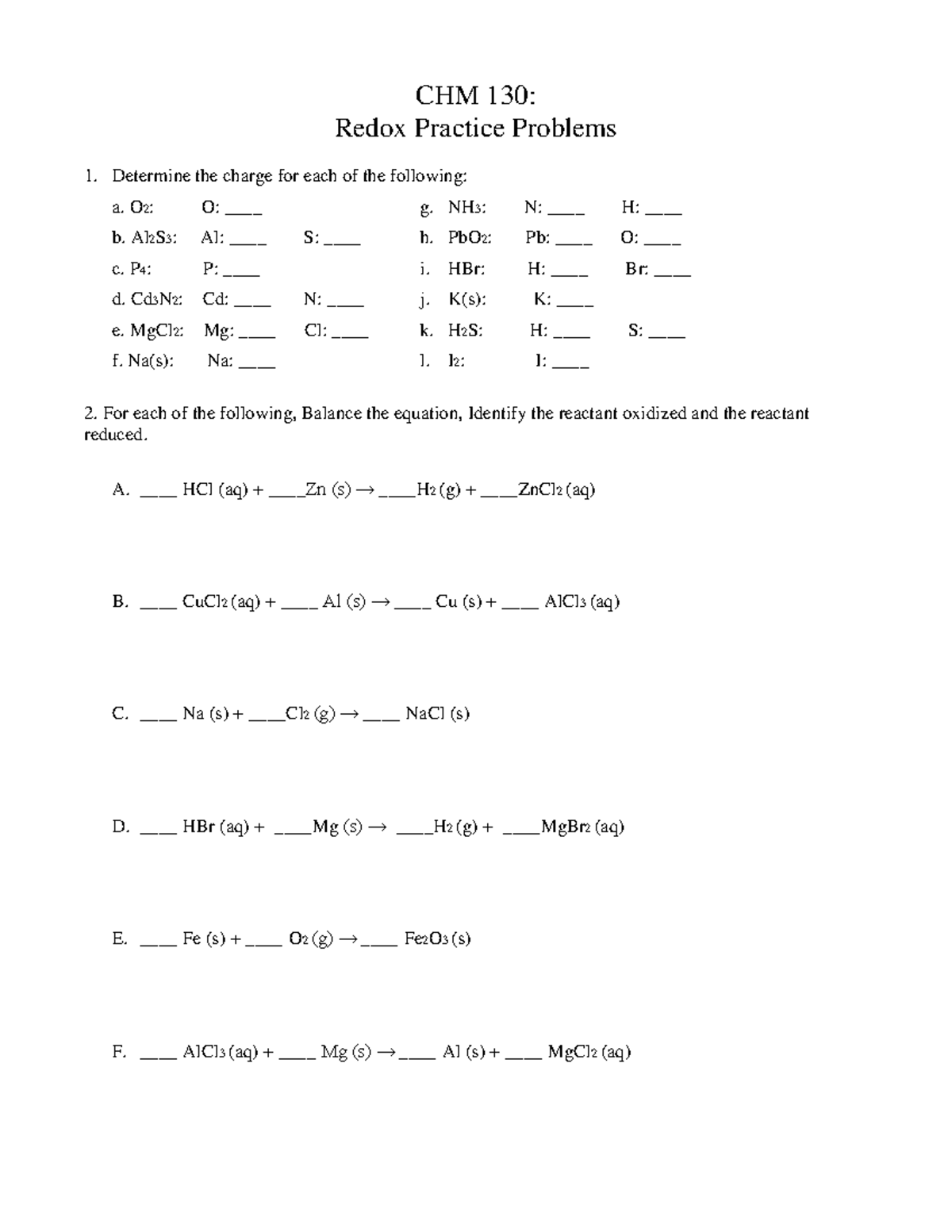 Wkst Redox - CHM 130: Redox Practice Problems Determine the charge for ...