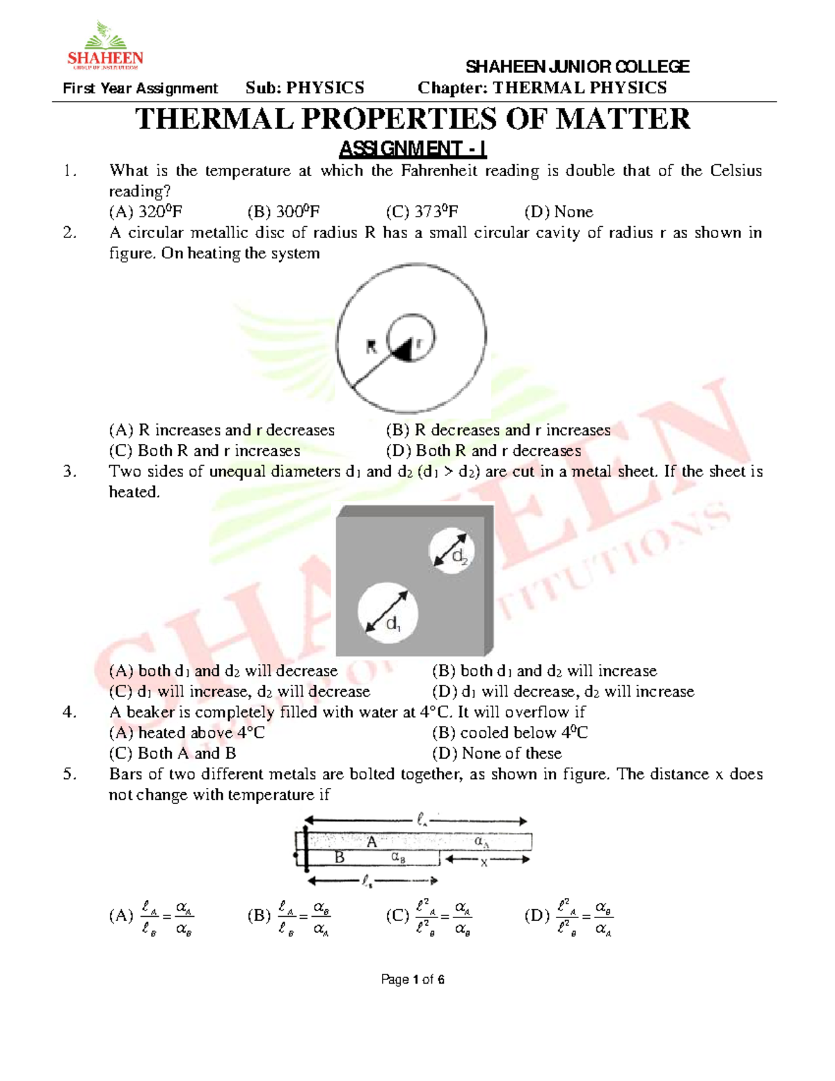 Thermal Properties of Matter - First Year Assignment Sub: PHYSICS ...