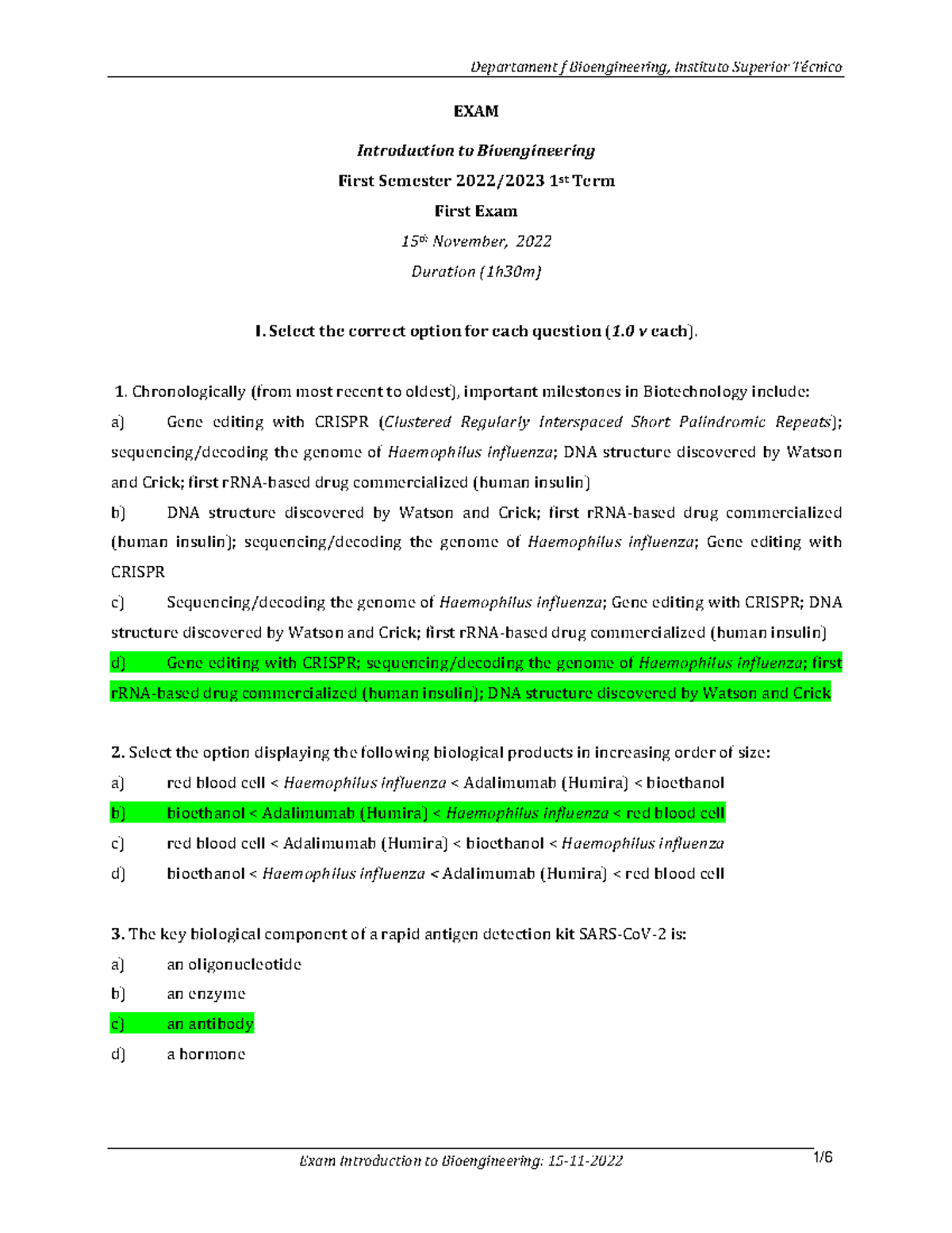 Exam 15 Nov 2022 Answered - EXAM Introduction to Bioengineering First ...