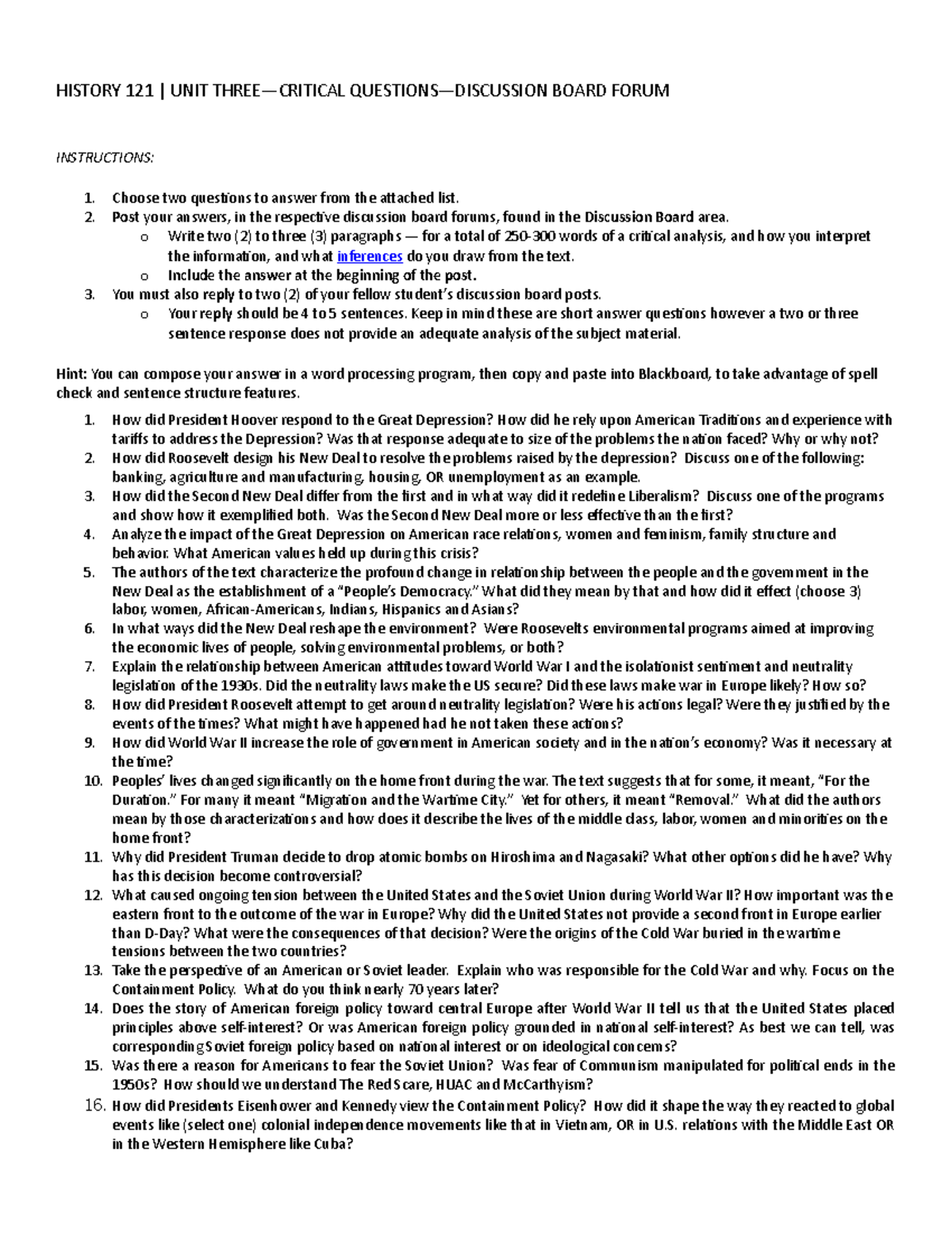 121 Unit 3 Discussion Questions - HISTORY 121 | UNIT THREE—CRITICAL ...