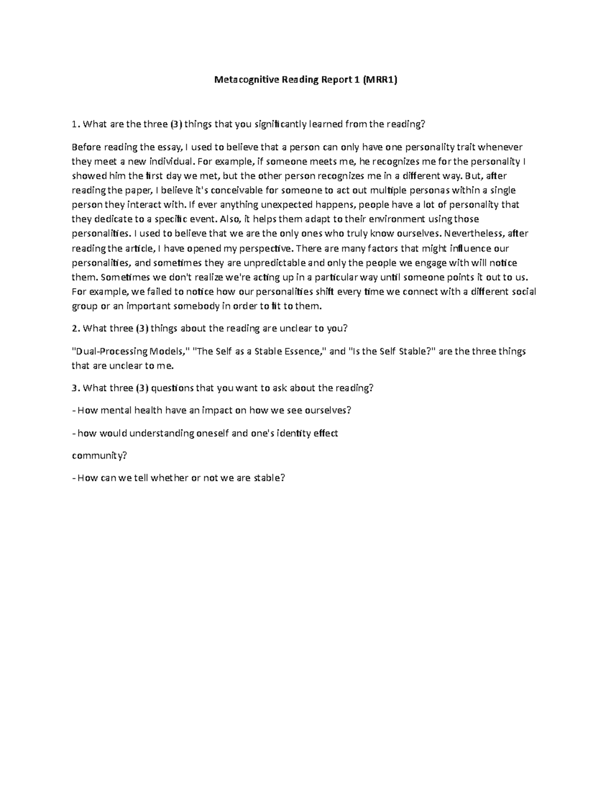 MRR1 - .... - Metacognitive Reading Report 1 (MRR1) What are the three ...