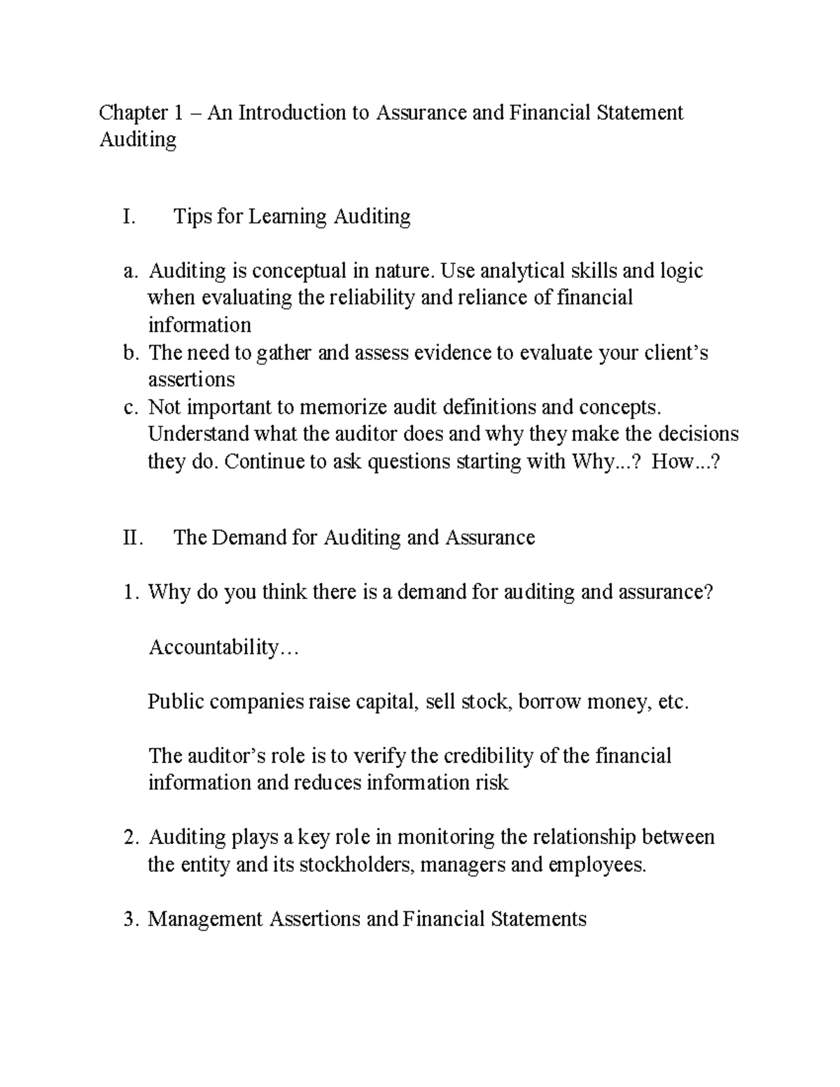 Chapter 1 Outline - Chapter 1 – An Introduction to Assurance and Financial Statement Auditing I ...