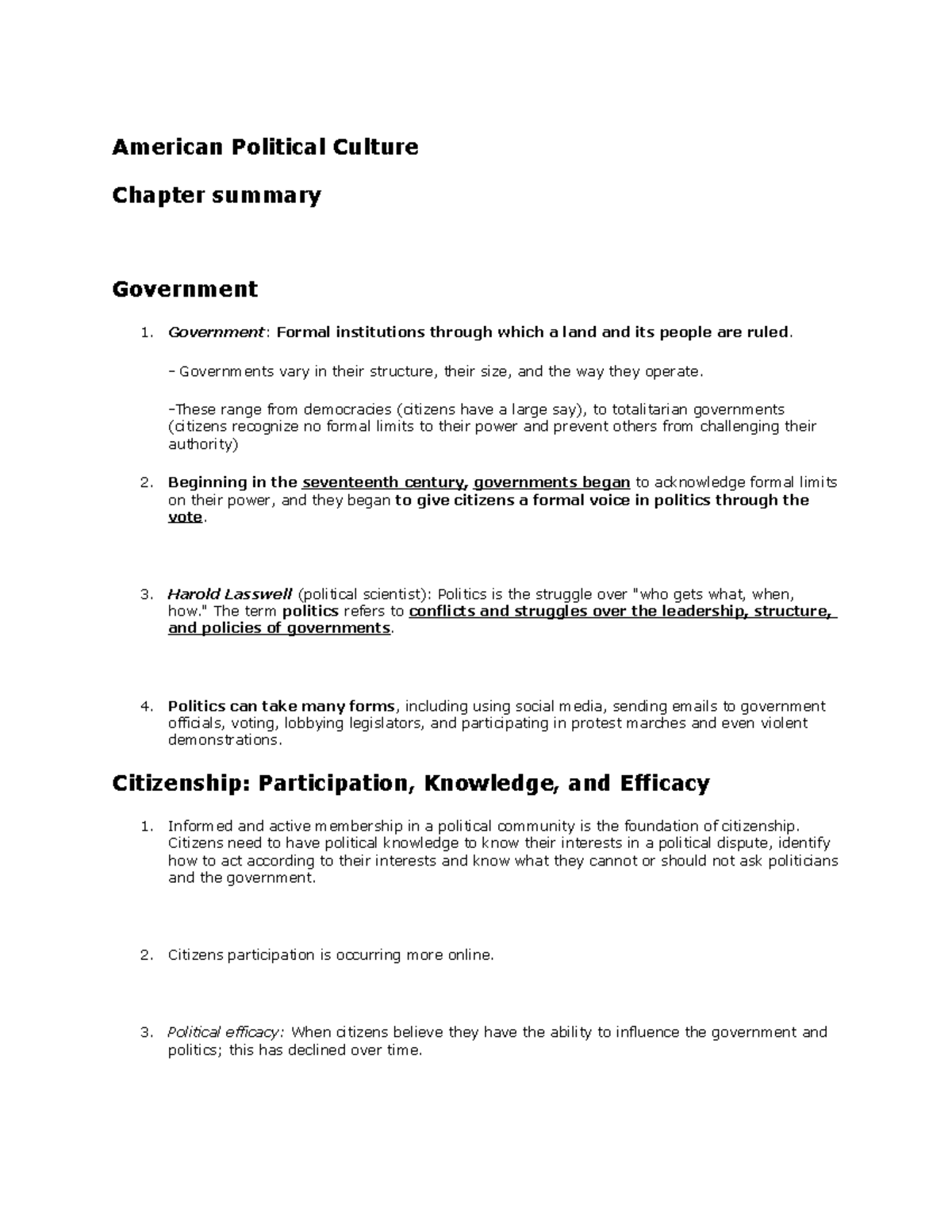 Chapter 1-Political Culture-summary - American Political Culture ...
