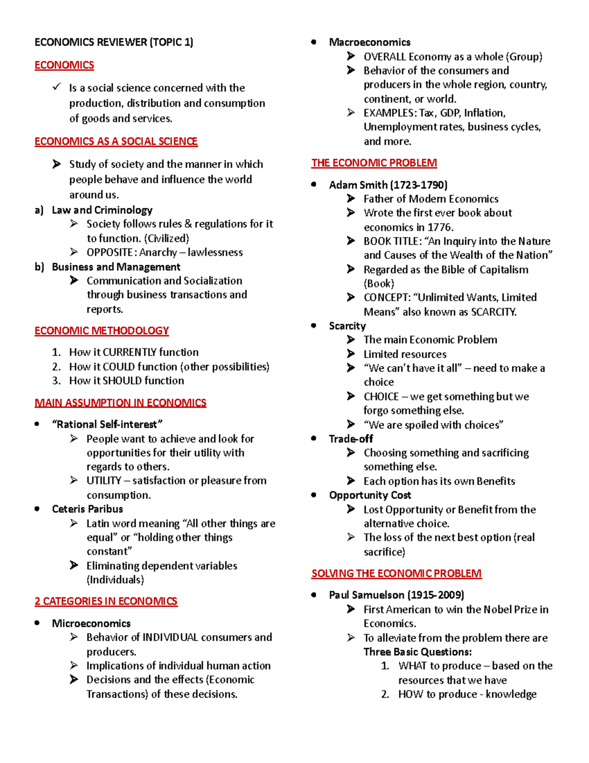 Economics Reviewer Topic 1 1ST SEM - ECONOMICS REVIEWER (TOPIC 1 ...