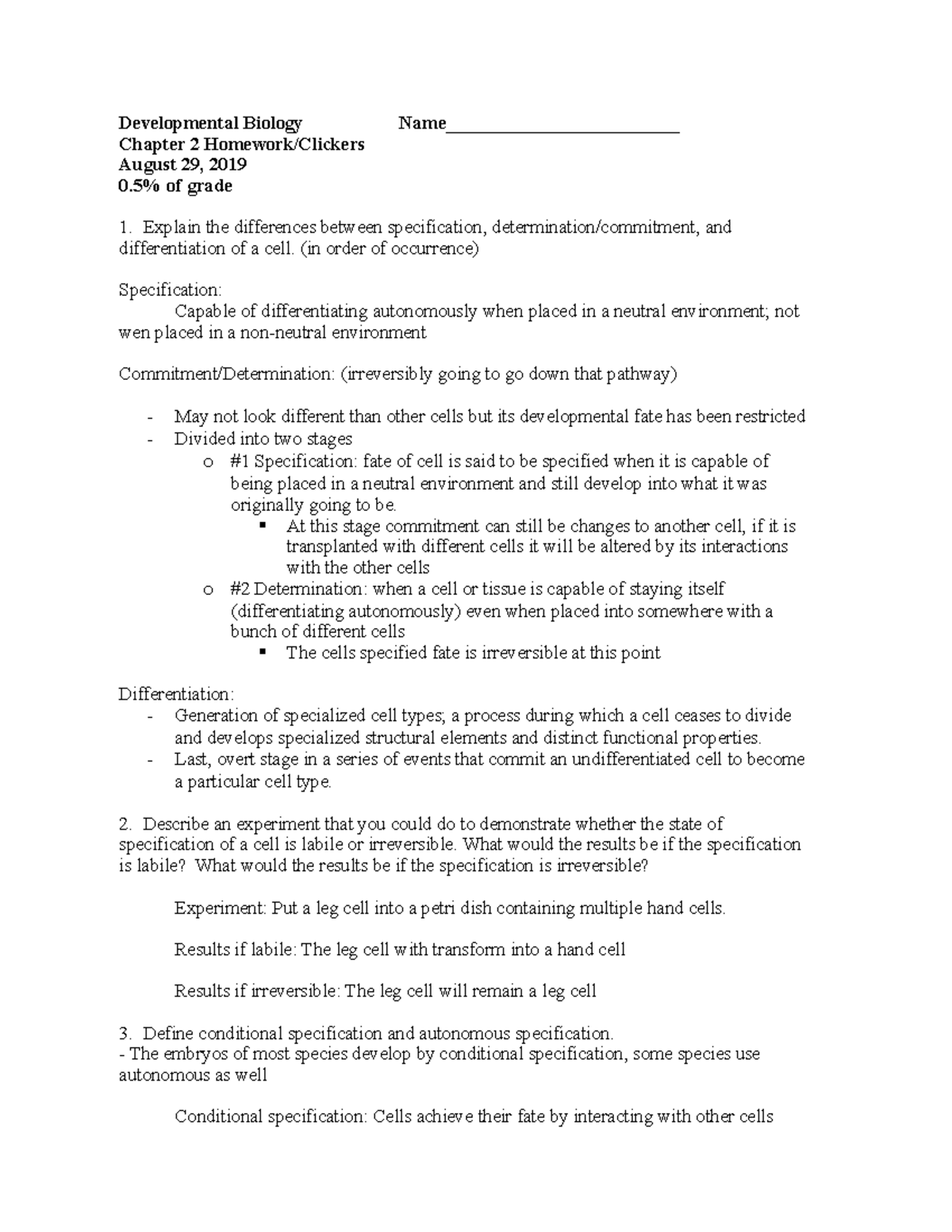 Chapt 2 HW 082919 - Developmental Biology Name ...