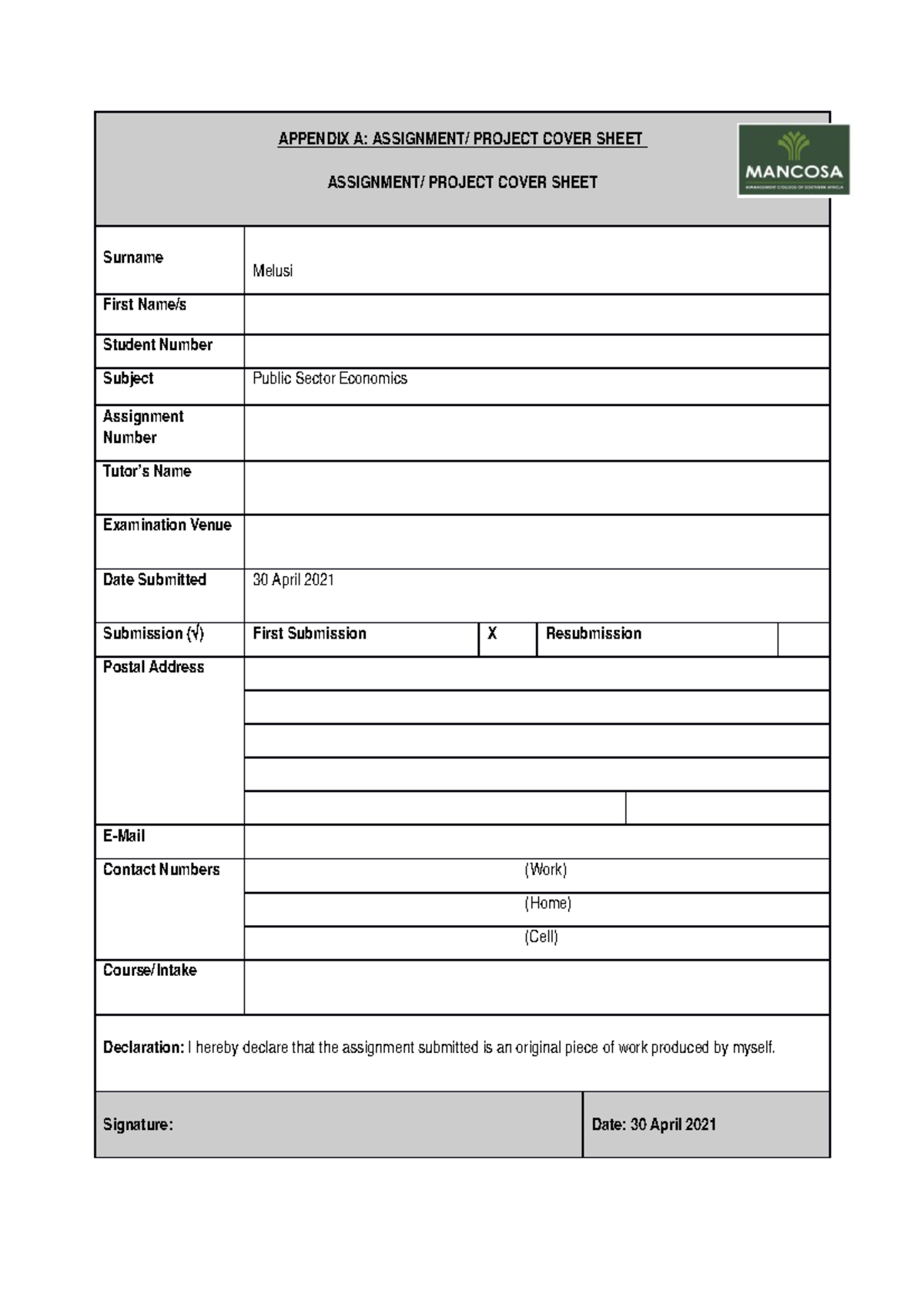 Economics Mancosa APPENDIX A ASSIGNMENT PROJECT COVER SHEET