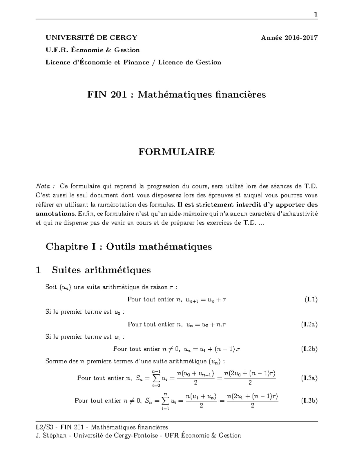 L2S3 formulairemathsfinancieres - UNIVERSITÉ DE CERGY Année 2016- U.F. Économie & Gestion - Studocu