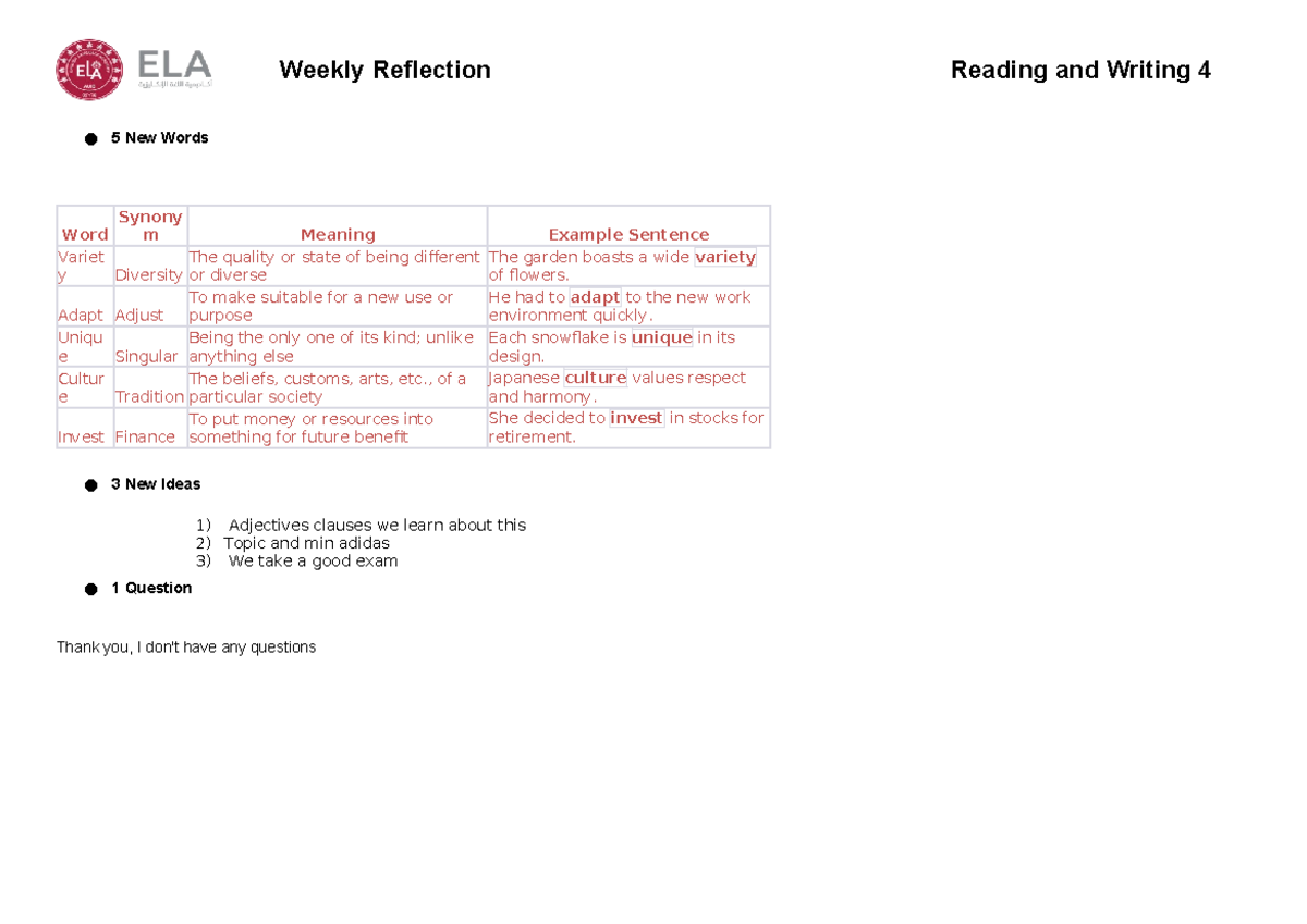نسخة نسخة Weekly Reflection Form - Weekly Reflection Reading and ...