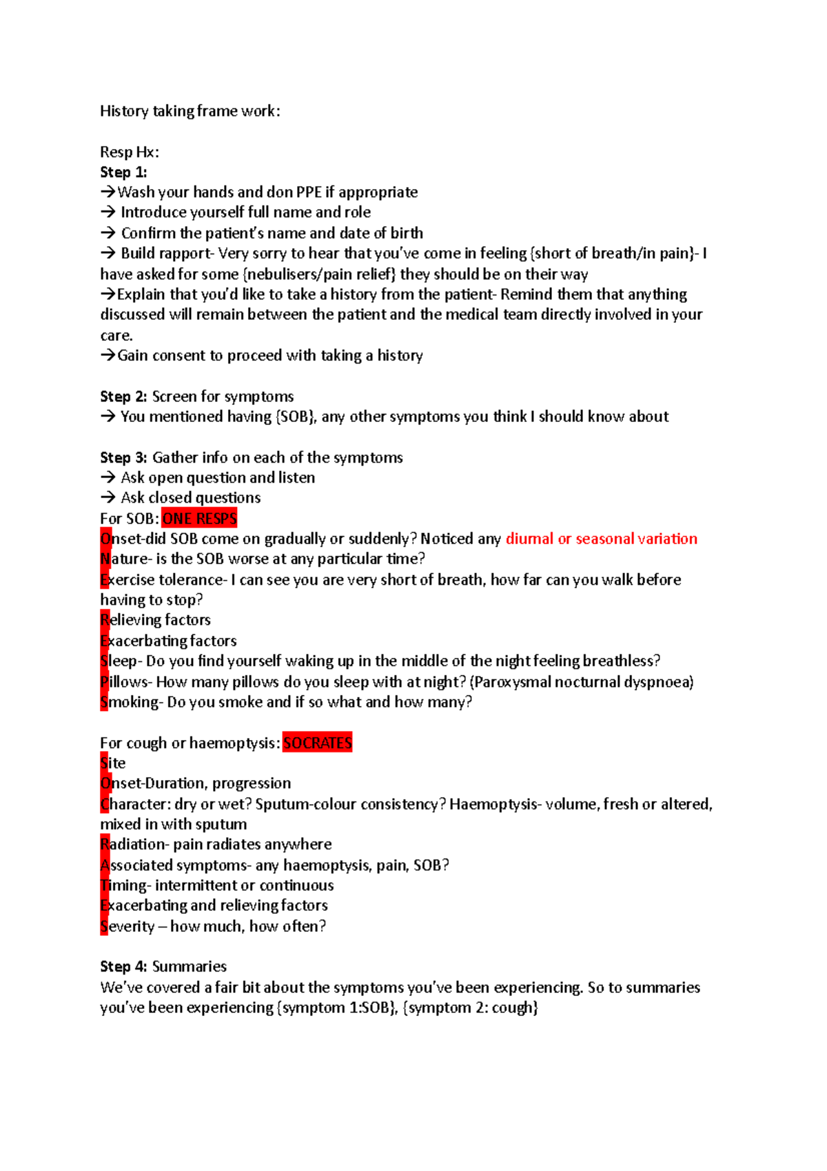 Resp history taking frame work - History taking frame work: Resp Hx ...