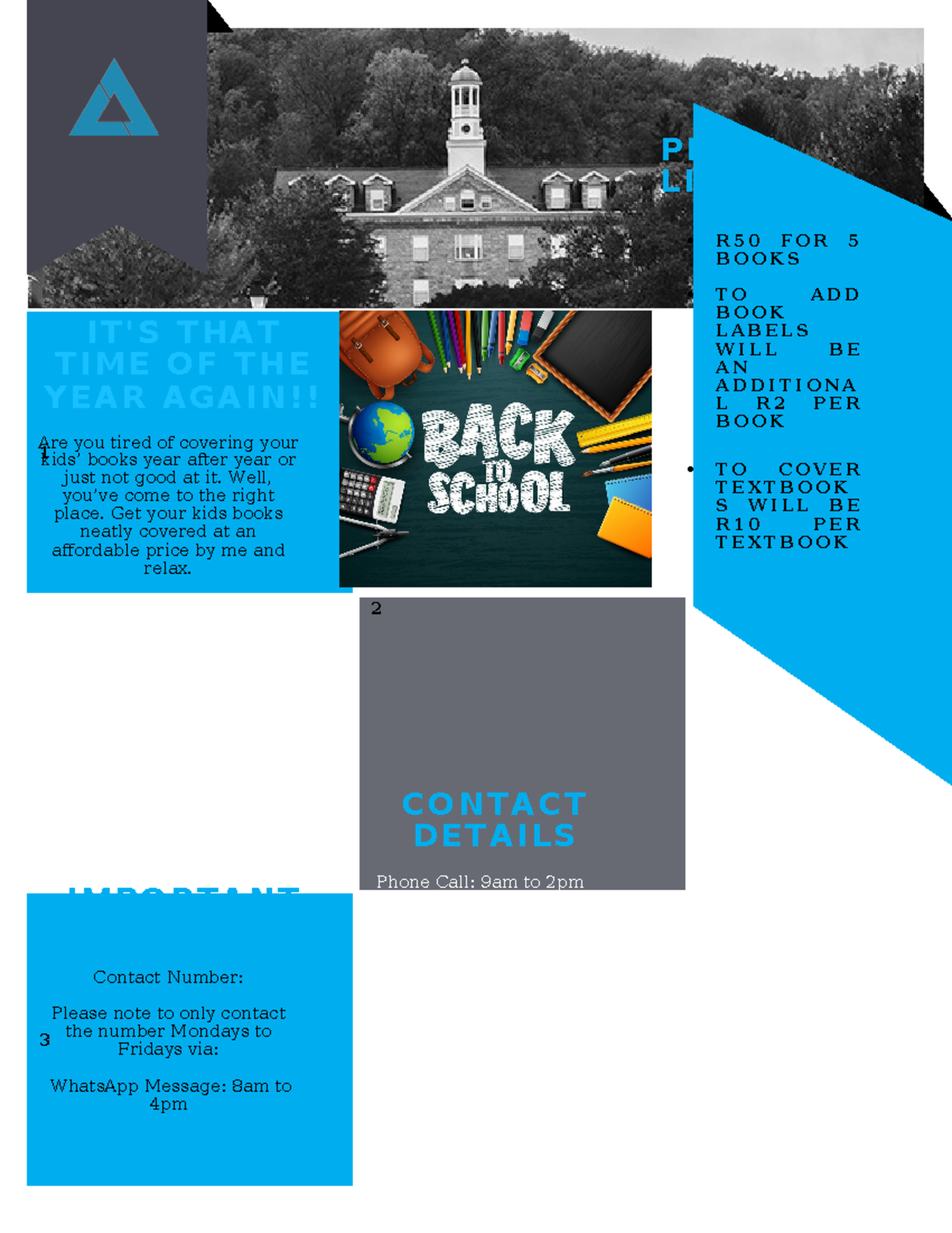 BOOK Cover TEMP - 1 2 3 PRIC E LIST R 5 0 F O R 5 B O O K S T O A D D B ...