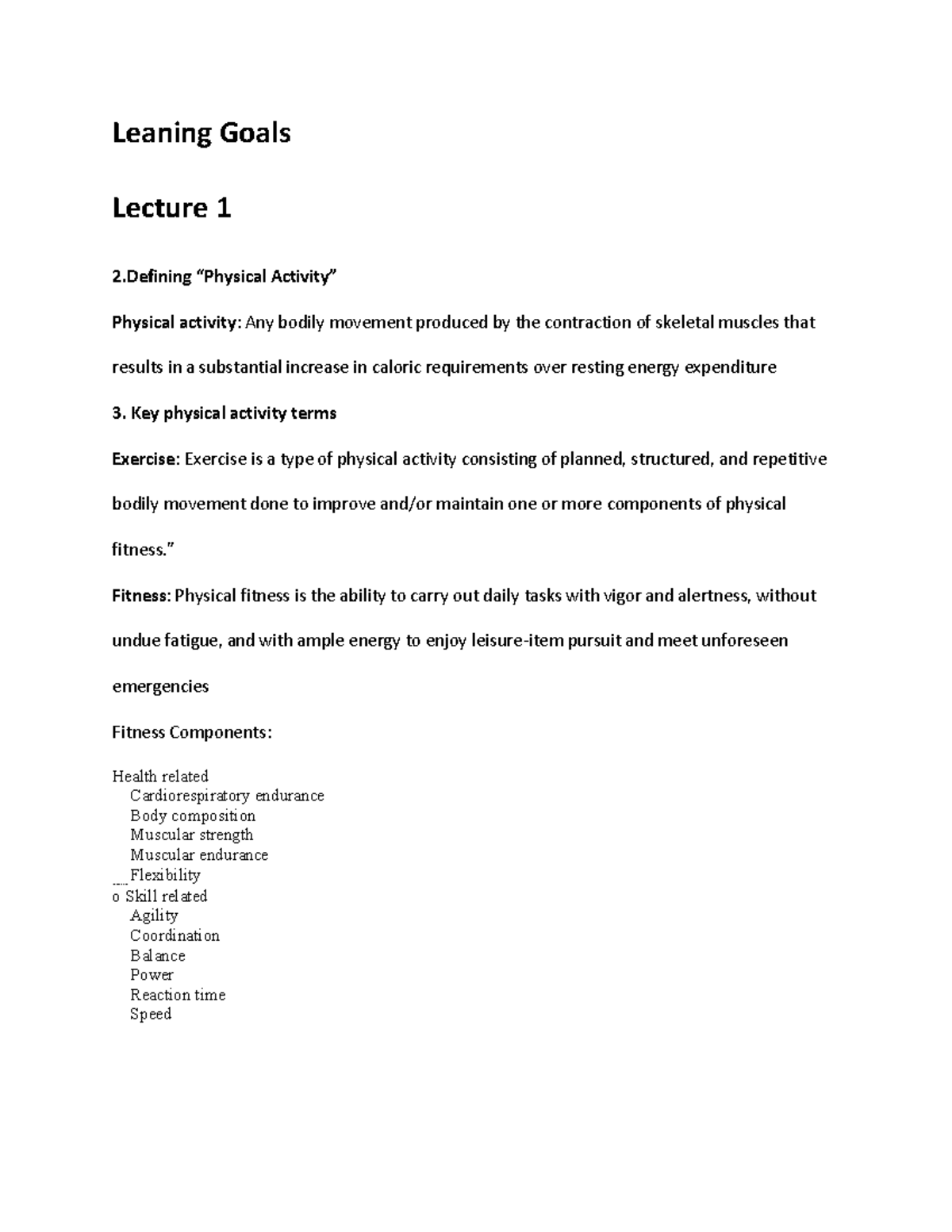 KIN Learning Goals - Leaning Goals Lecture 1 2 “Physical Activity ...