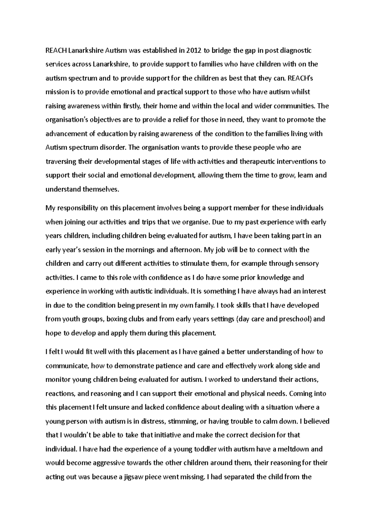 Placement Essay - relevant every year - REACH Lanarkshire Autism was ...