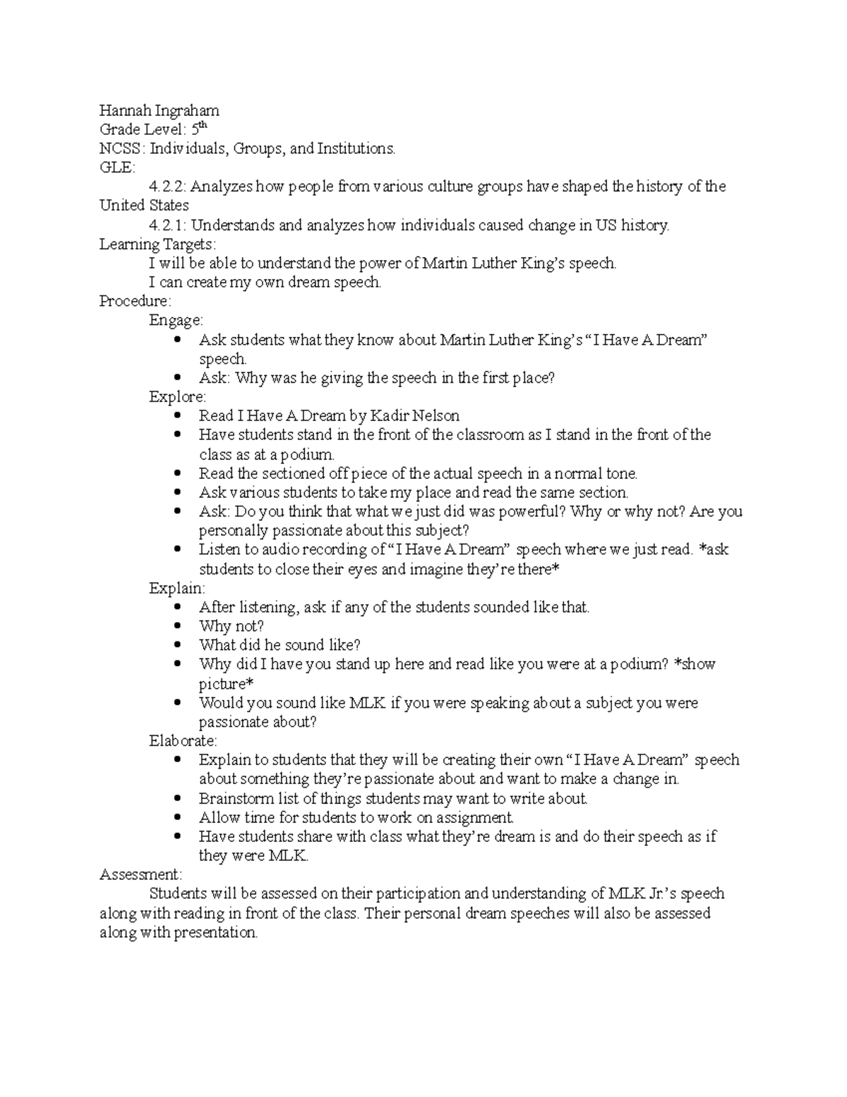 MLK Speech Lesson Plan - Hannah Ingraham Grade Level: 5th NCSS ...