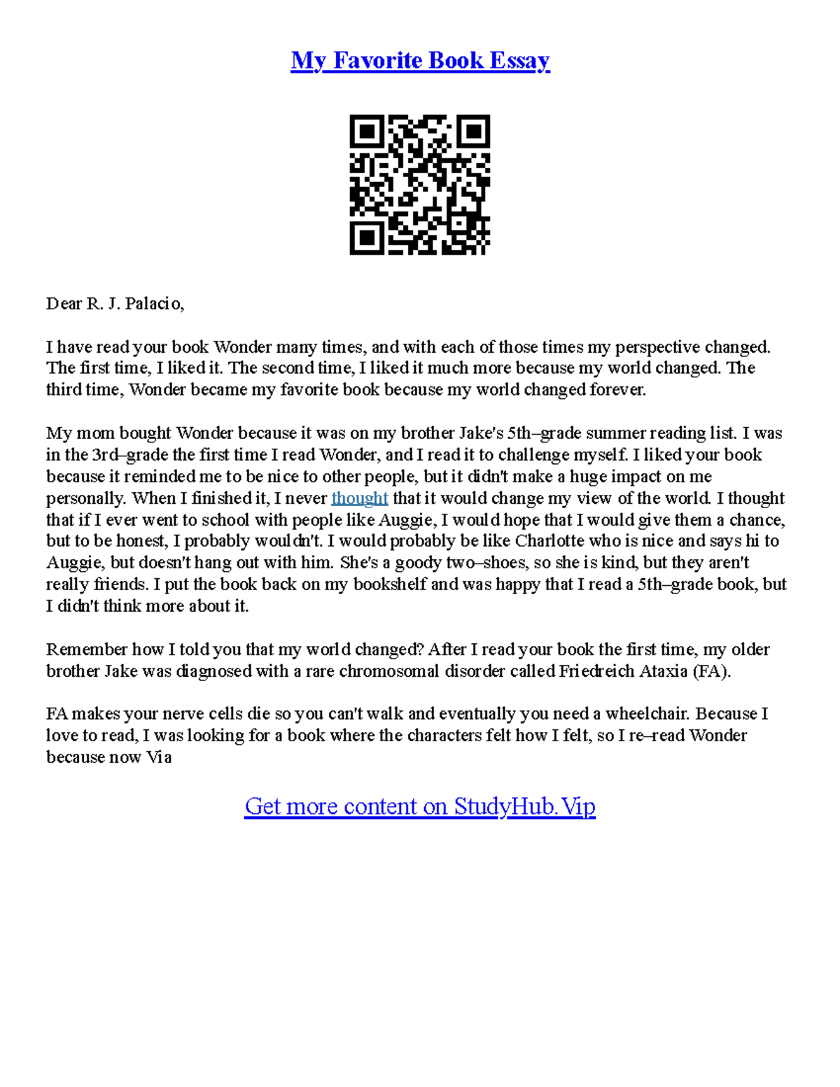 Favorite Book Essay - My Favorite Book Essay Dear R. J. Palacio, I have ...