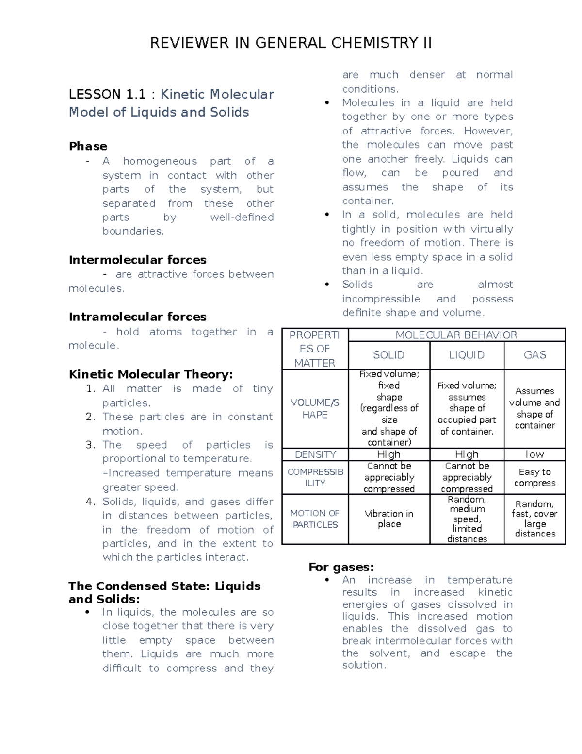 Lesson 1 - summary - LESSON 1 : Kinetic Molecular Model of Liquids and ...