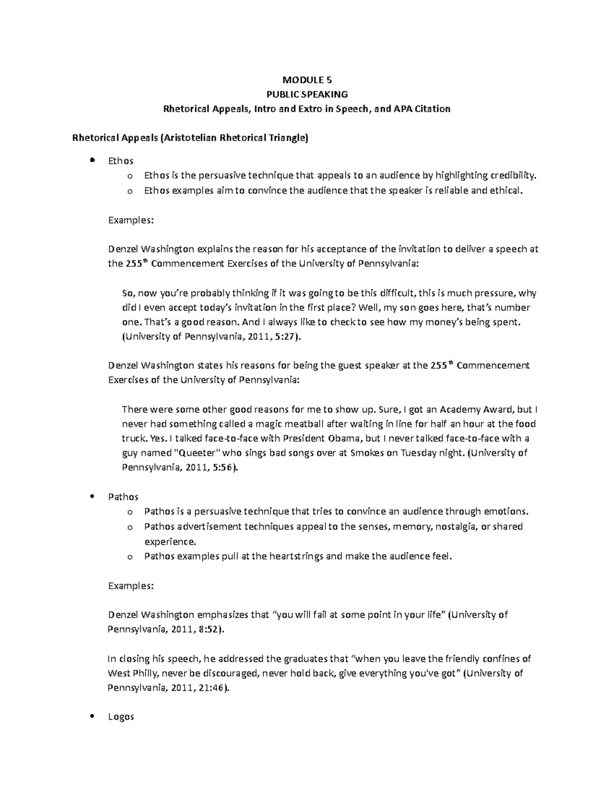 Reporting - ethos pathos logos - MODULE 5 PUBLIC SPEAKING Rhetorical ...