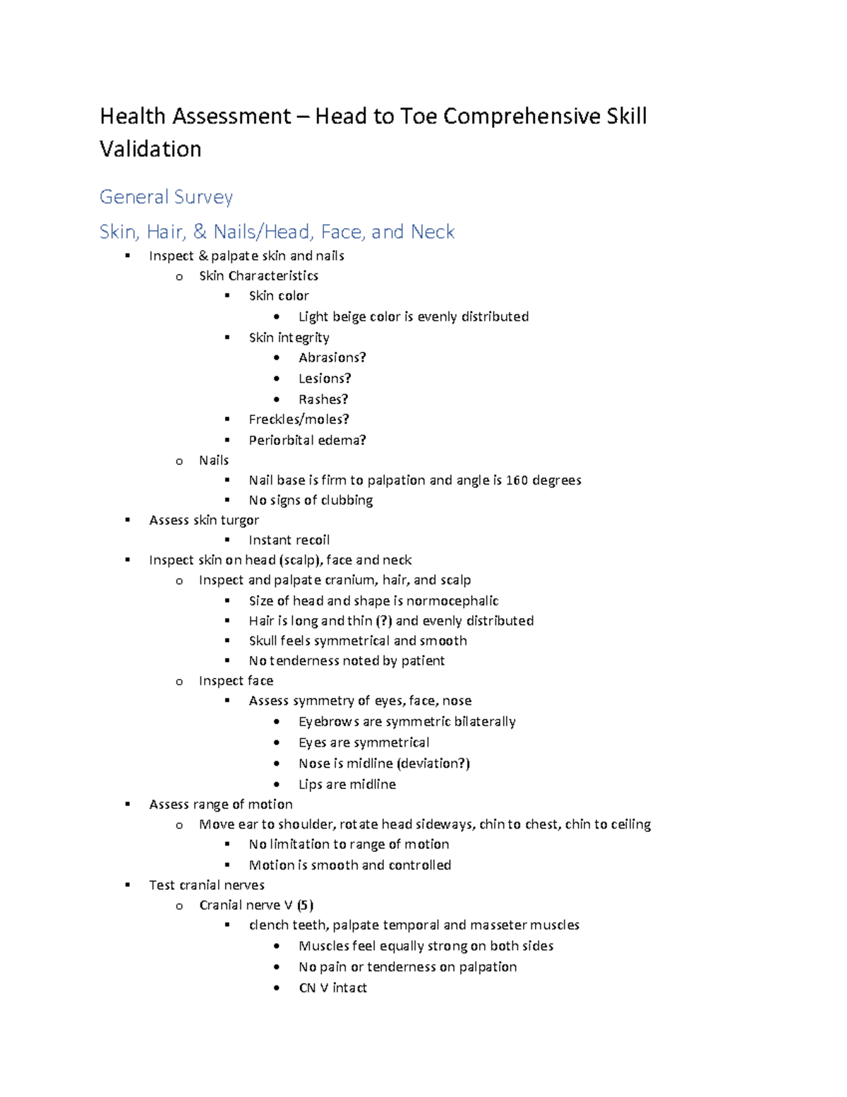 Head to Toe Details Final - Health Assessment – Head to Toe ...