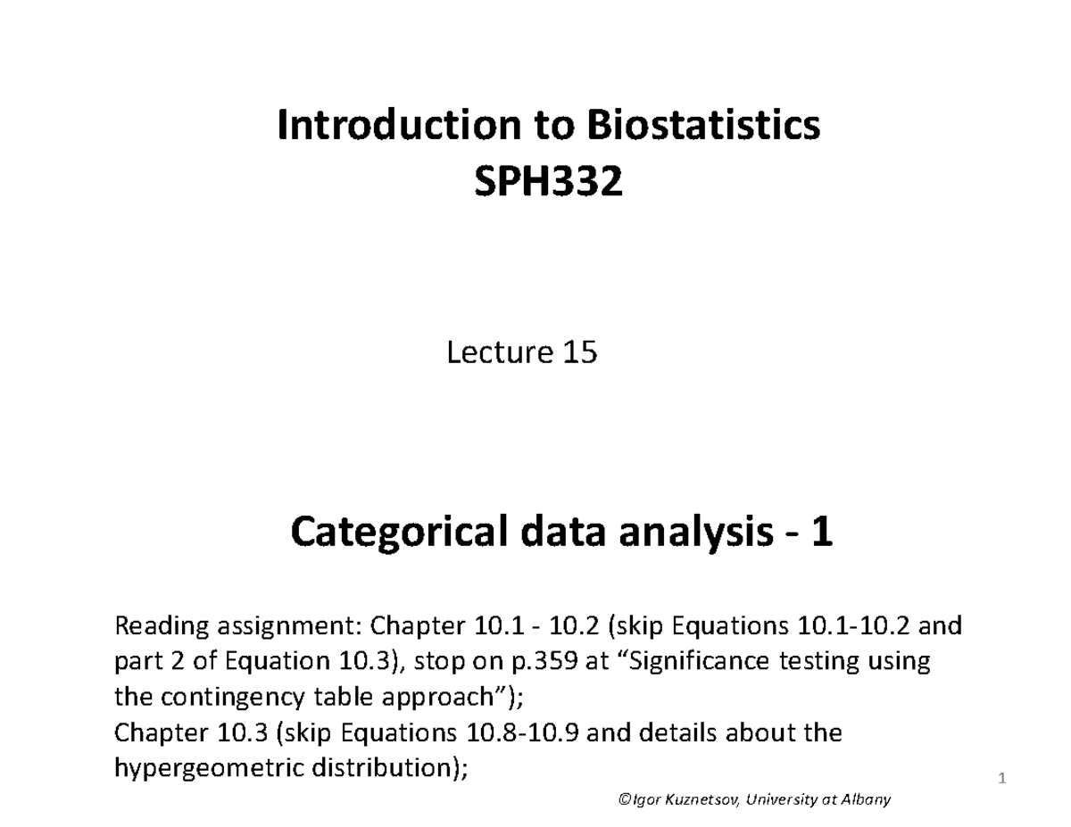 Lecture 15 w/ answers - Categorical data analysis - 1 Introduction to Biostatistics SPH Reading ...