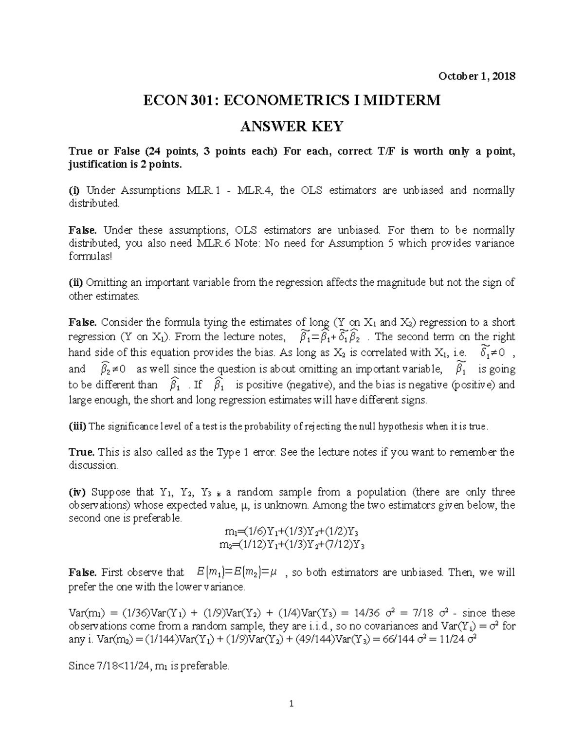 Midterm 10 August 2017, questions and answers - October 1, 2018 ECON 301: ECONOMETRICS I MIDTERM ...