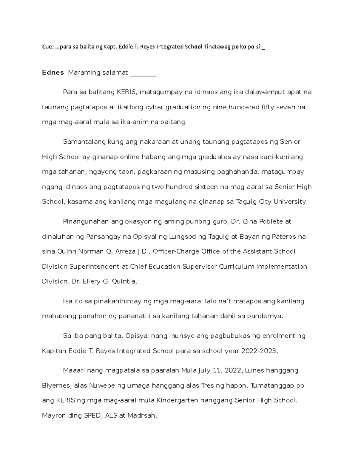 Balitang Keris - NEWS SAMPLE FOR SCHOOL PAPER - Cue: .. sa balita ng ...