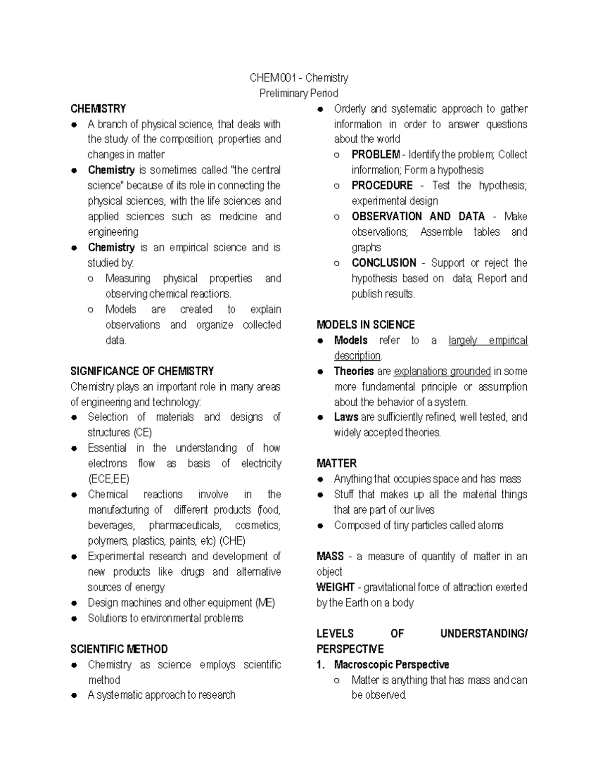 Prelim Notes: Chemistry - CHEM 001 - Chemistry Preliminary Period ...
