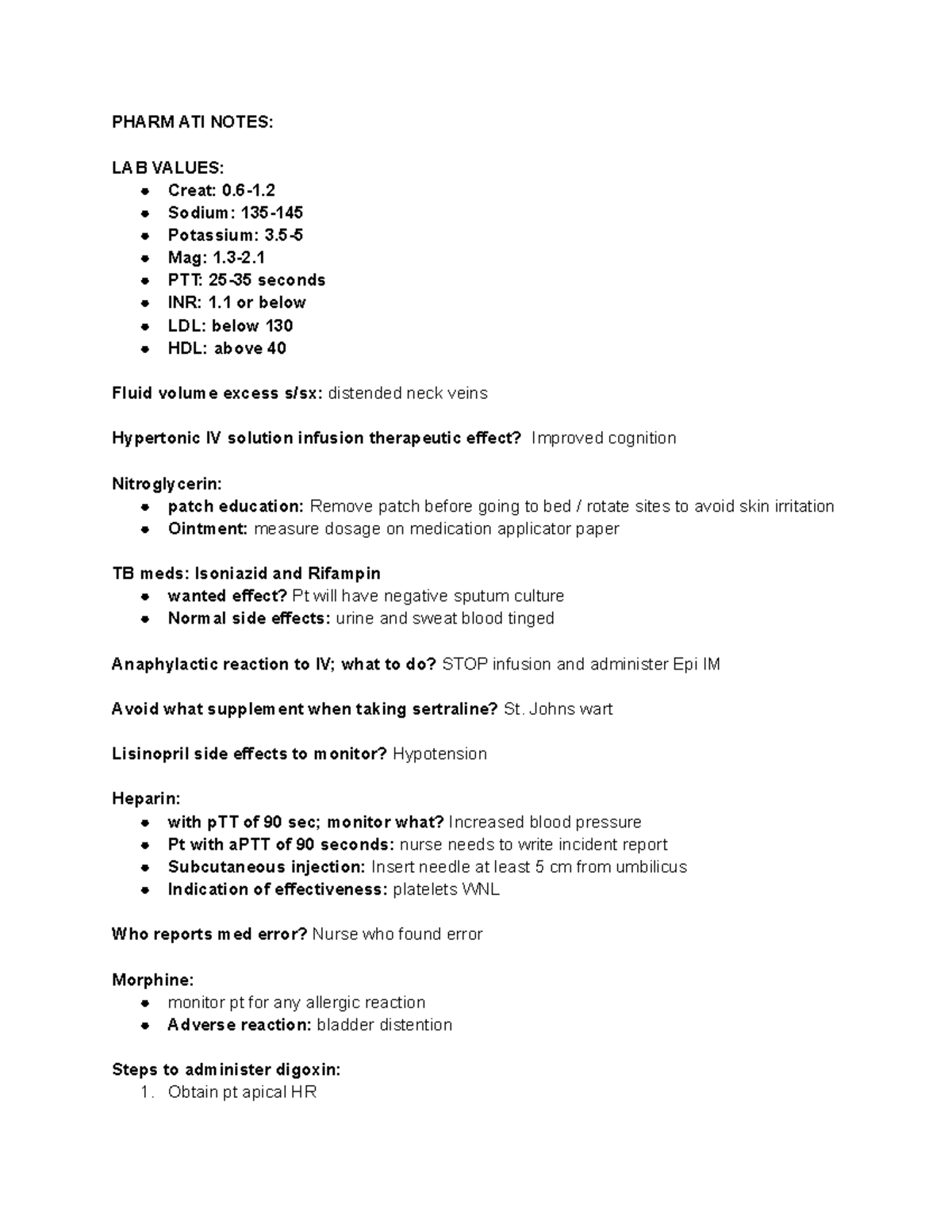 Pharm ATI Notes - PHARM ATI NOTES: LAB VALUES: Creat: 0-1. Sodium: 135 ...
