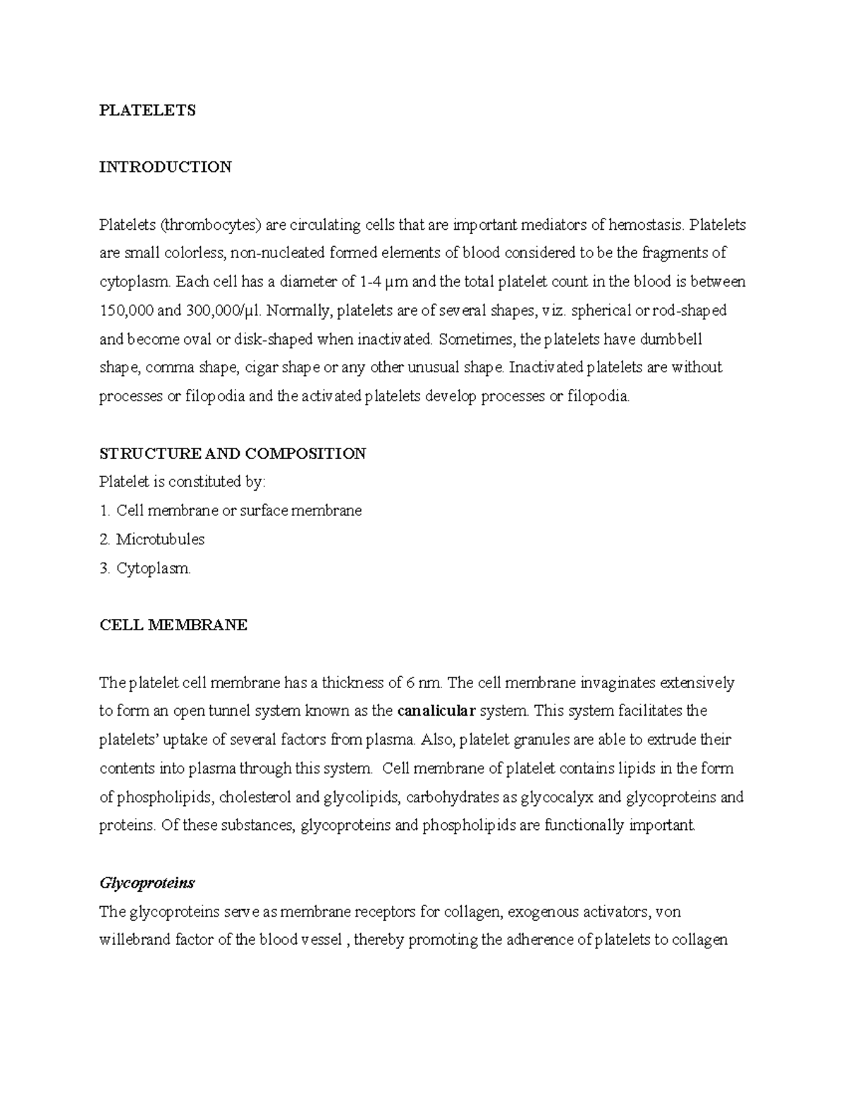 Platelets - Read Carefully - PLATELETS INTRODUCTION Platelets ...