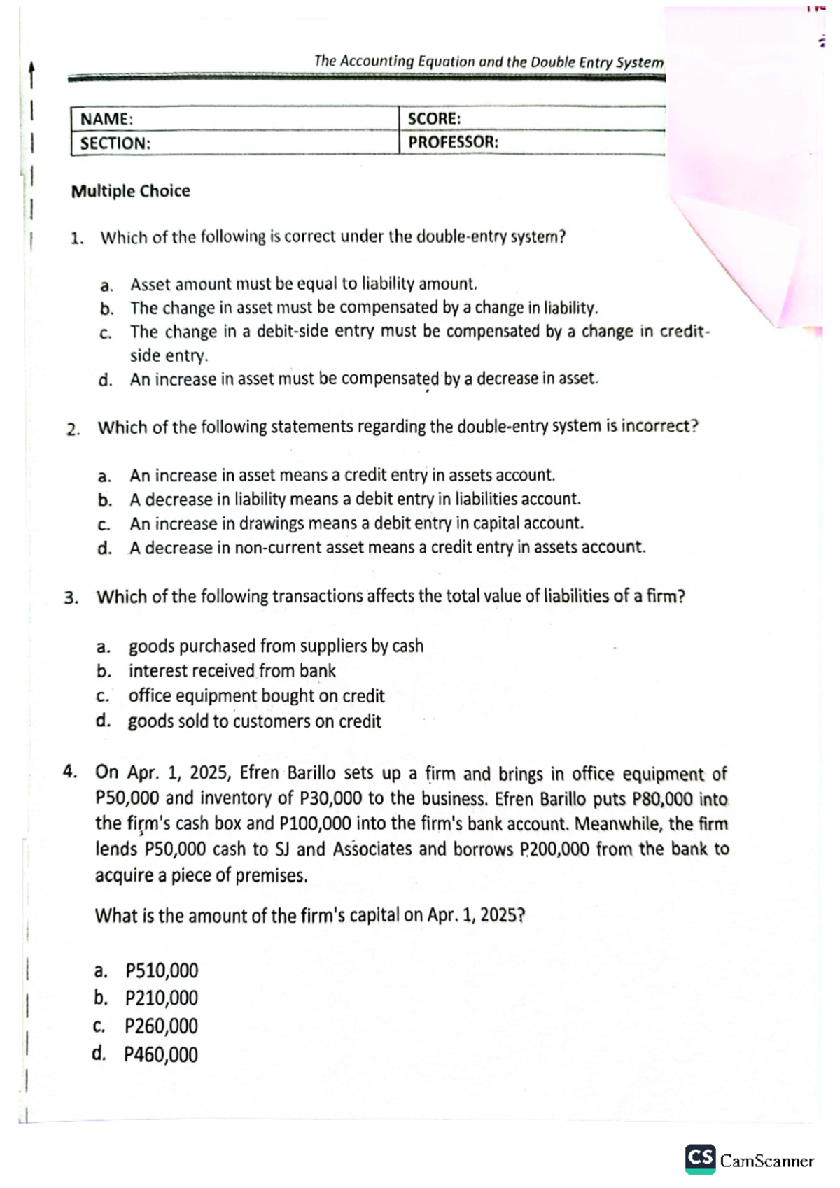 FAR - Far - The Accounting Equation and the Double Entry System NAME ...