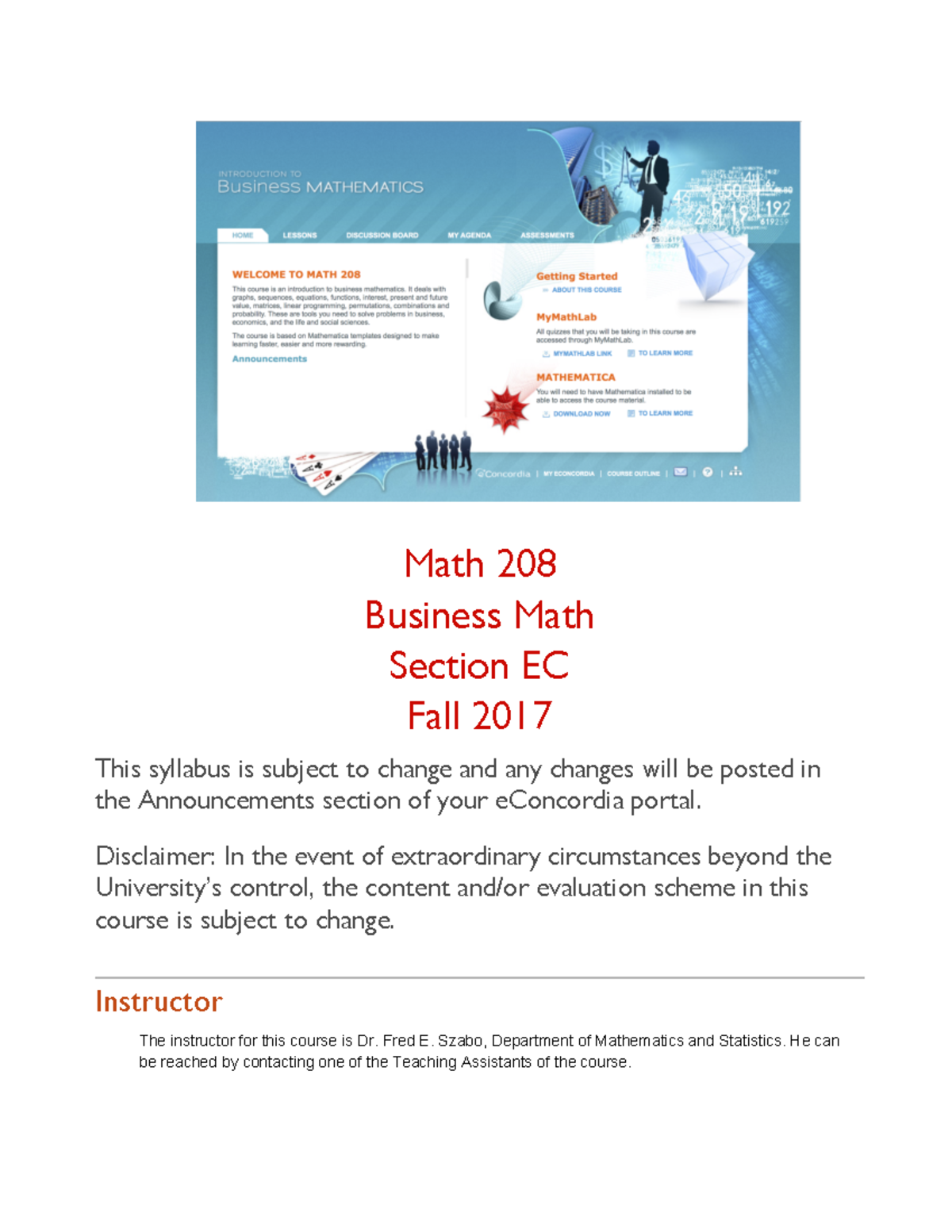 Business mathematics - Course outline for MATH 208 at Concordia ...