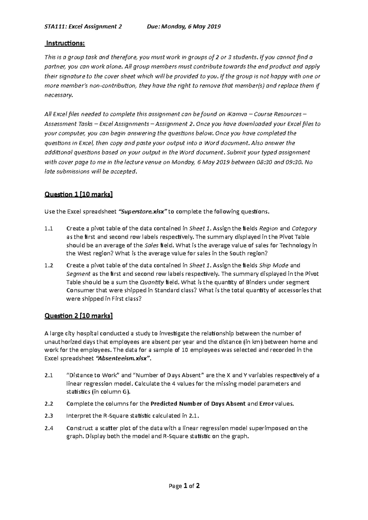 Excel Assignment 2 - 2019 notes - Excel Assignment 2 Due: Monday, 6 May ...