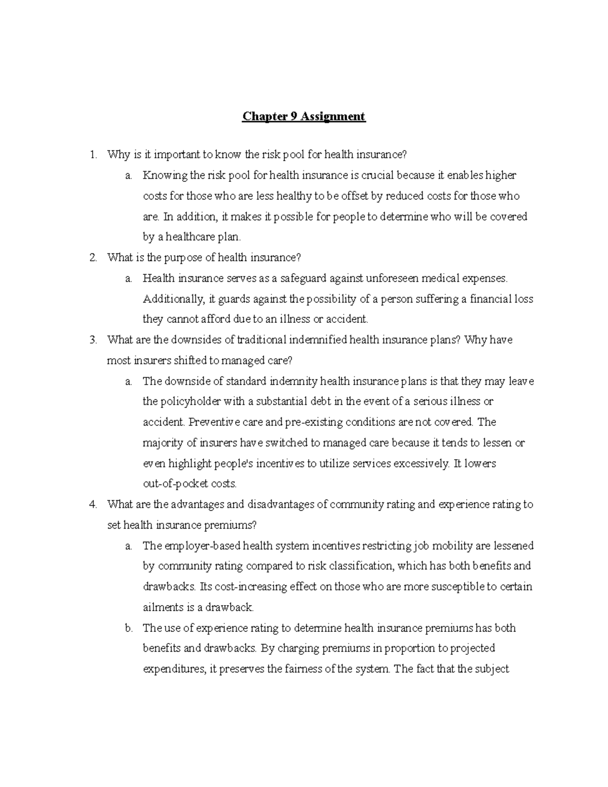 Chapter 9 Assignment - Chapter 9 Assignment Why is it important to know the risk pool for health ...