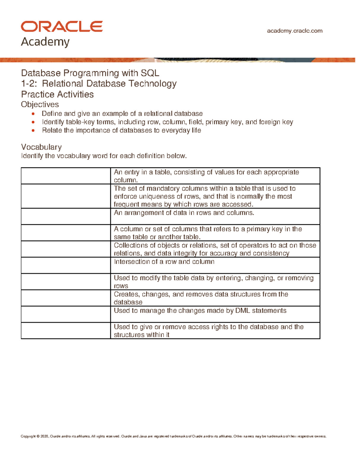 Database Programming with Sql Course - Copyright © 2020 , Oracle and/or ...