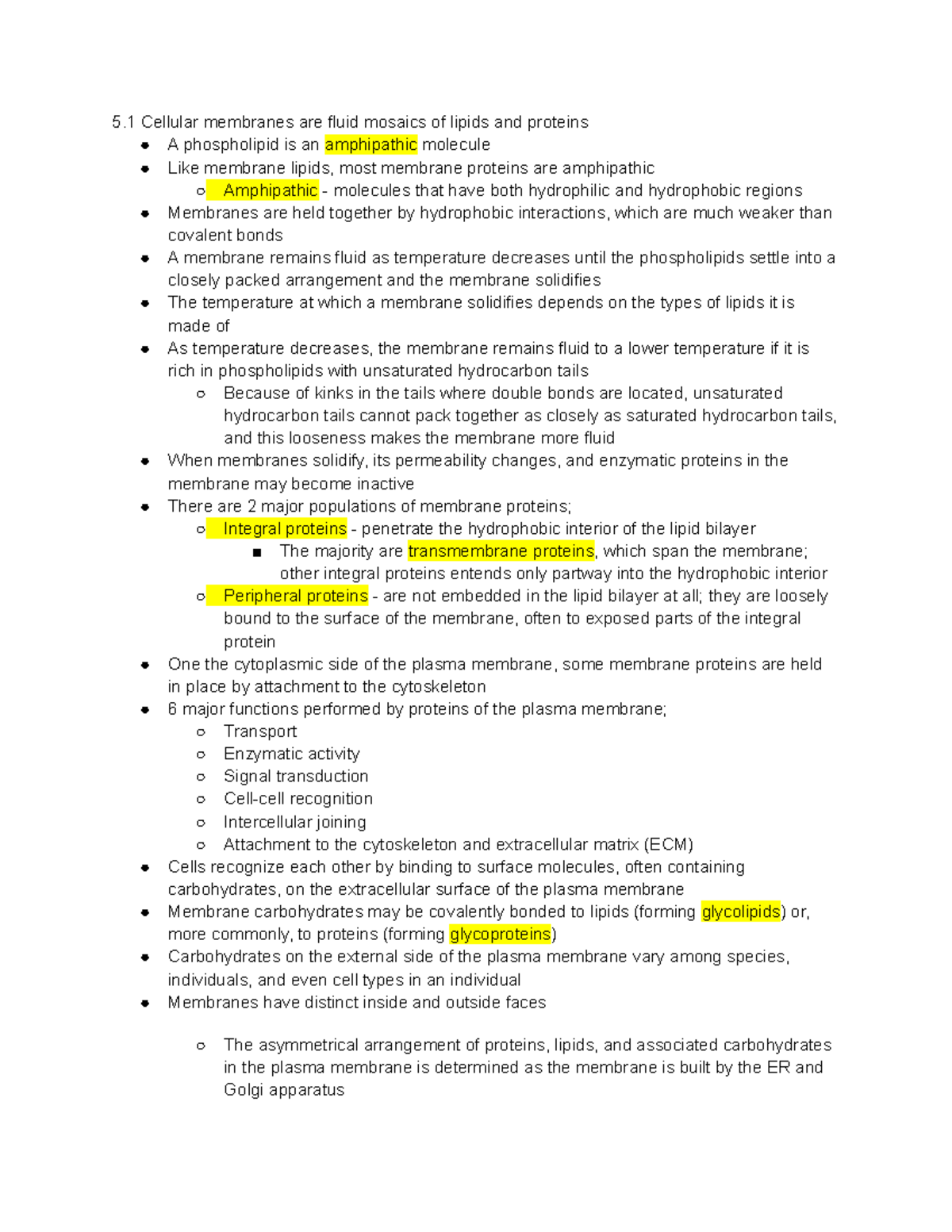 BI 112 Chapter 5 - 5 Cellular membranes are fluid mosaics of lipids and ...