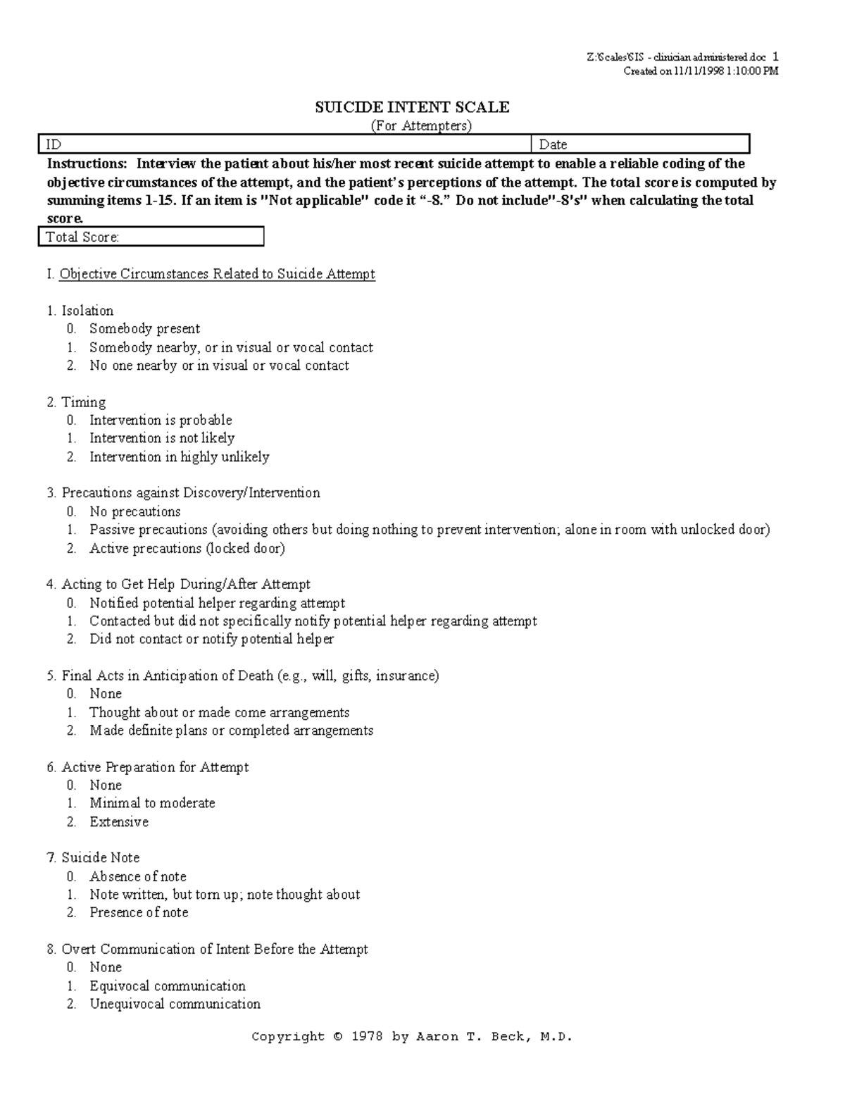 Suicide Intent Scale : Becks SIS : Risk Assessment : Crisis ...