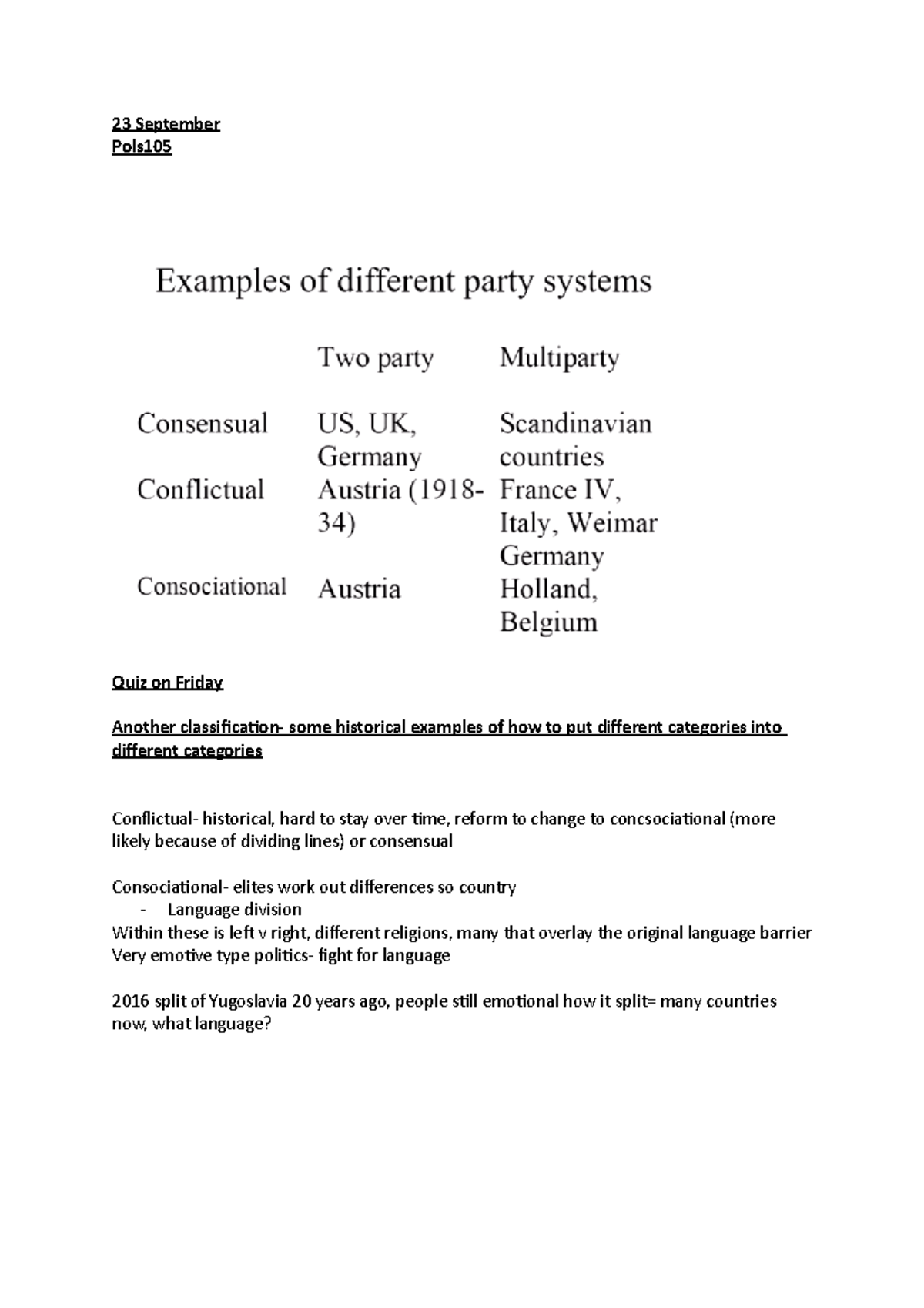 23 September Lipset and Rokkan - 23 September Pols Quiz on Friday ...