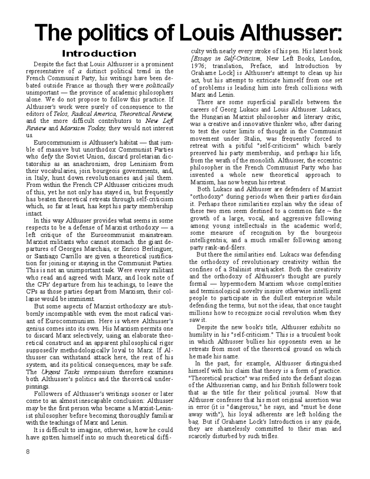 The politics of Louis Althusser Pla - Introduction Despite the fact ...