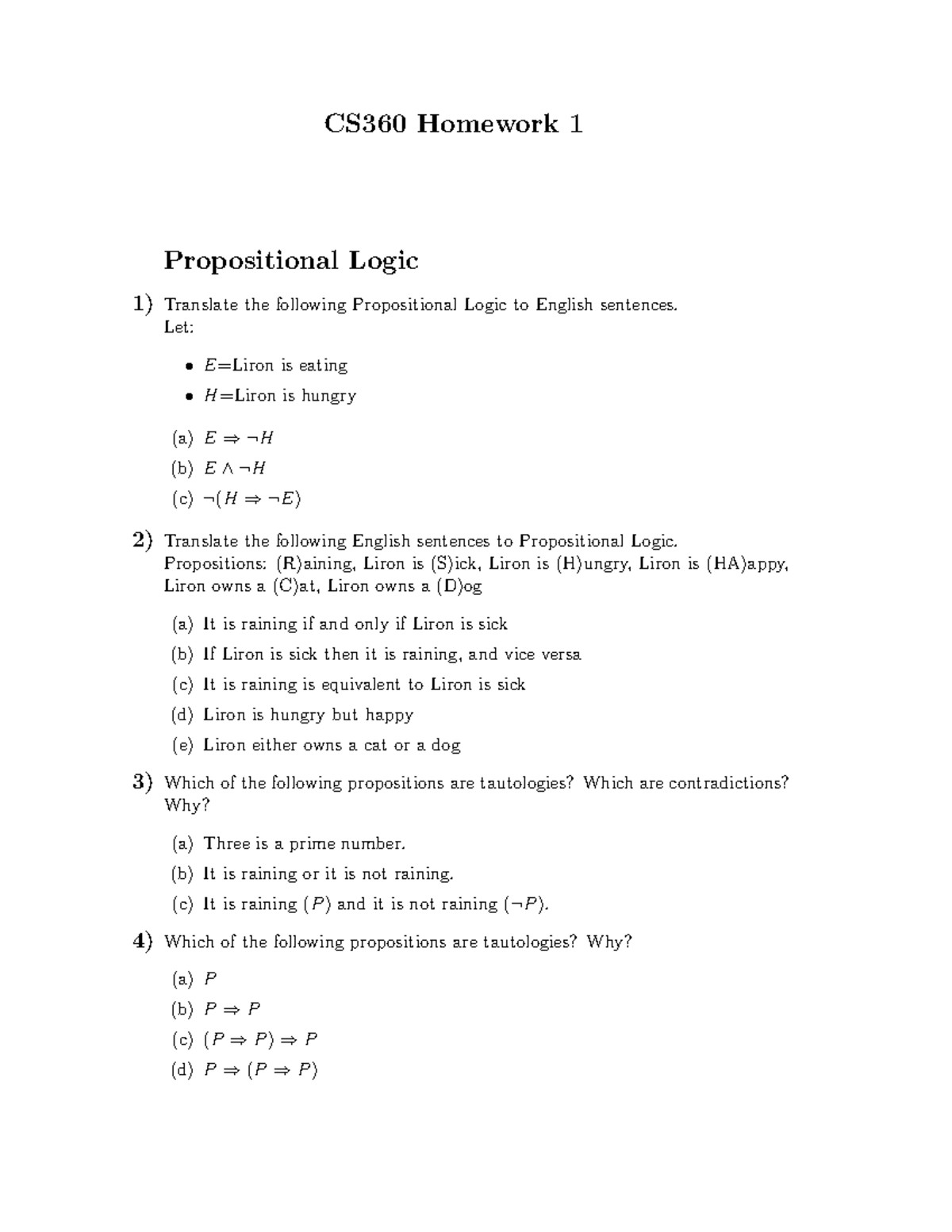 Fall19-hw1 - Exercises for Propositional Logic - CS360 Homework 1 ...