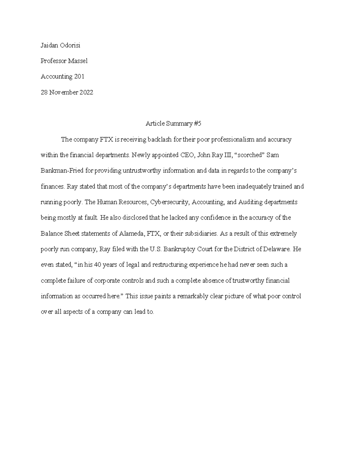 Copy of Article Summary #5 - Jaidan Odorisi Professor Massel Accounting ...