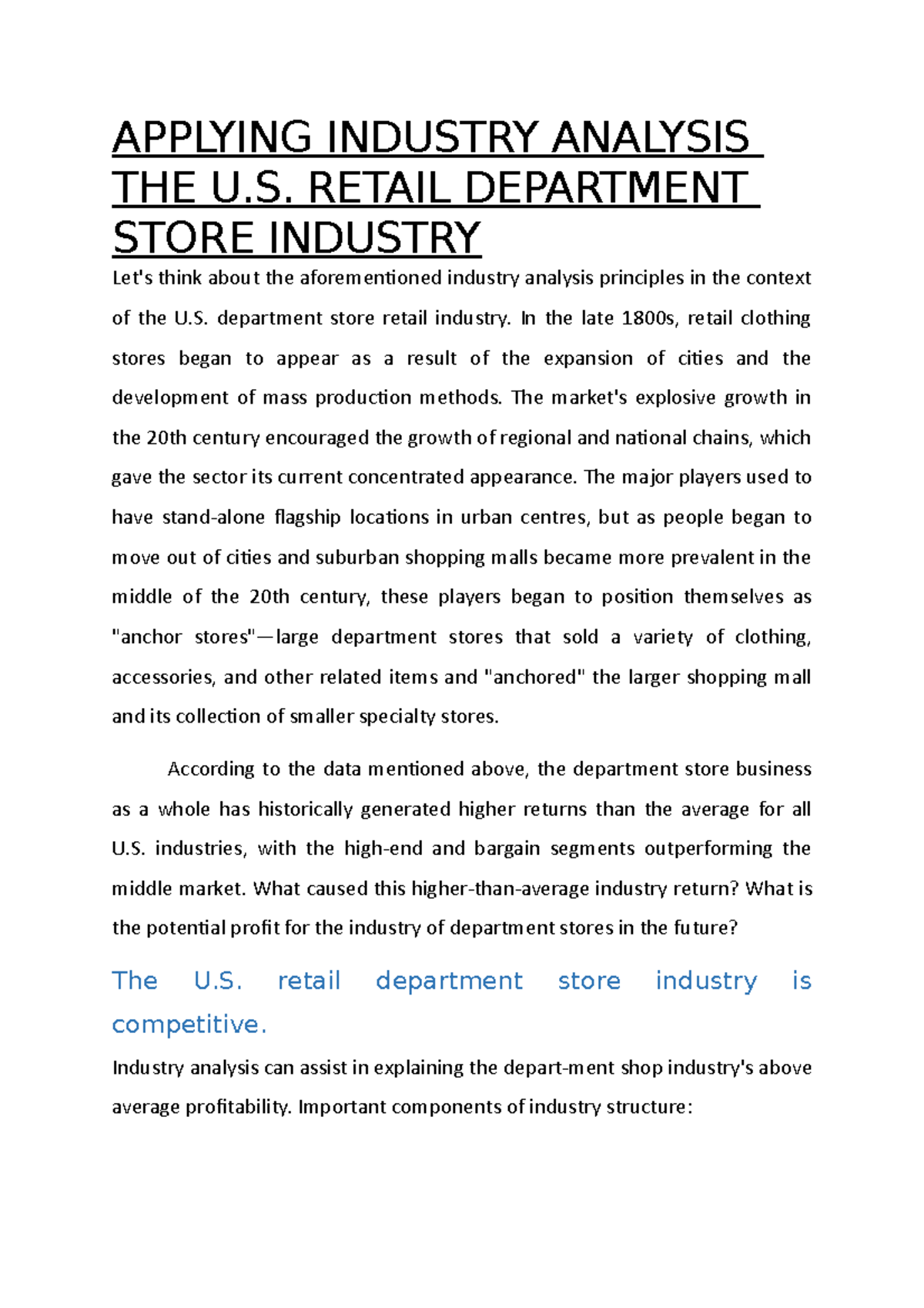 Applying Industry Analysis THE U.S. Retail Department Store Industry ...