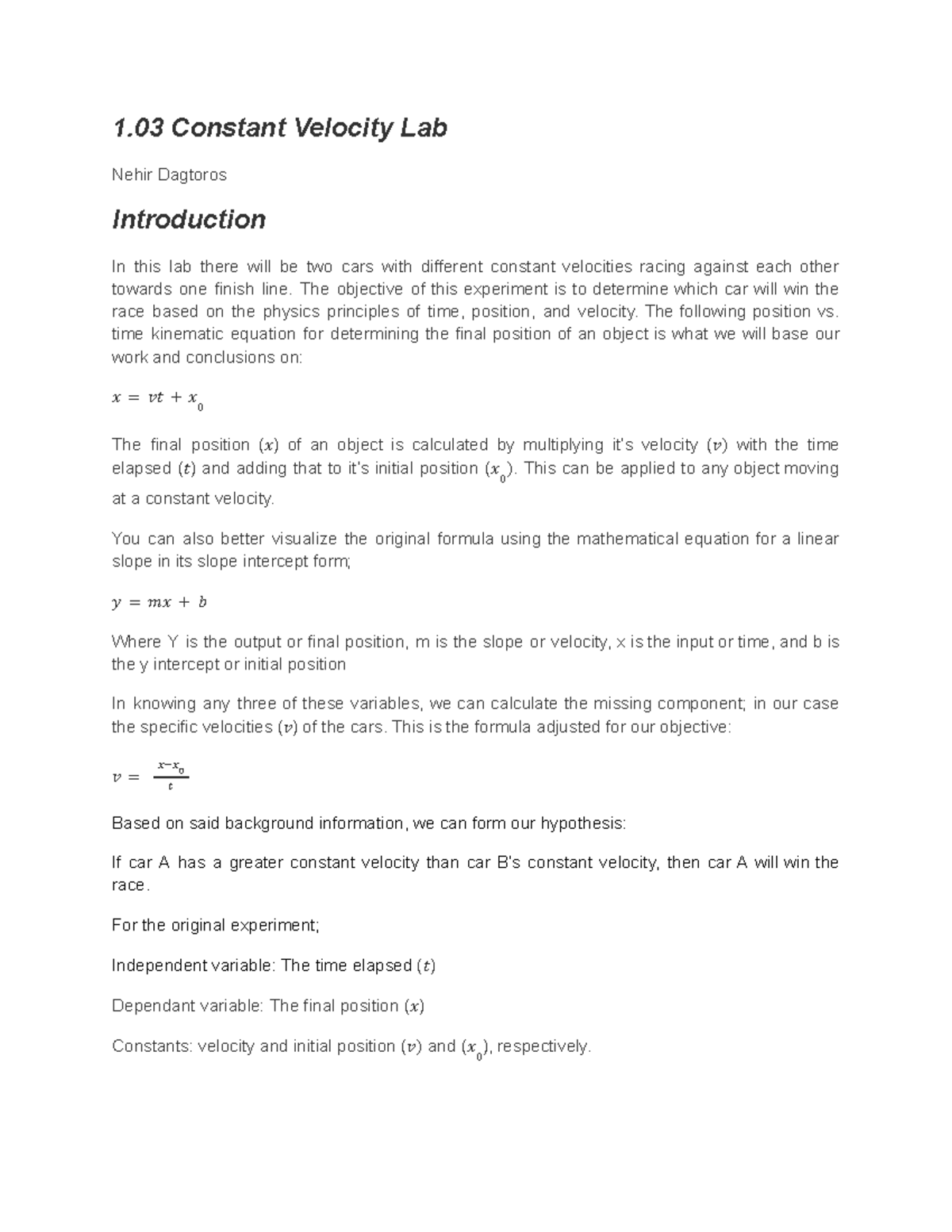 Constant Velocity Lab - 1 Constant Velocity Lab Nehir Dagtoros ...