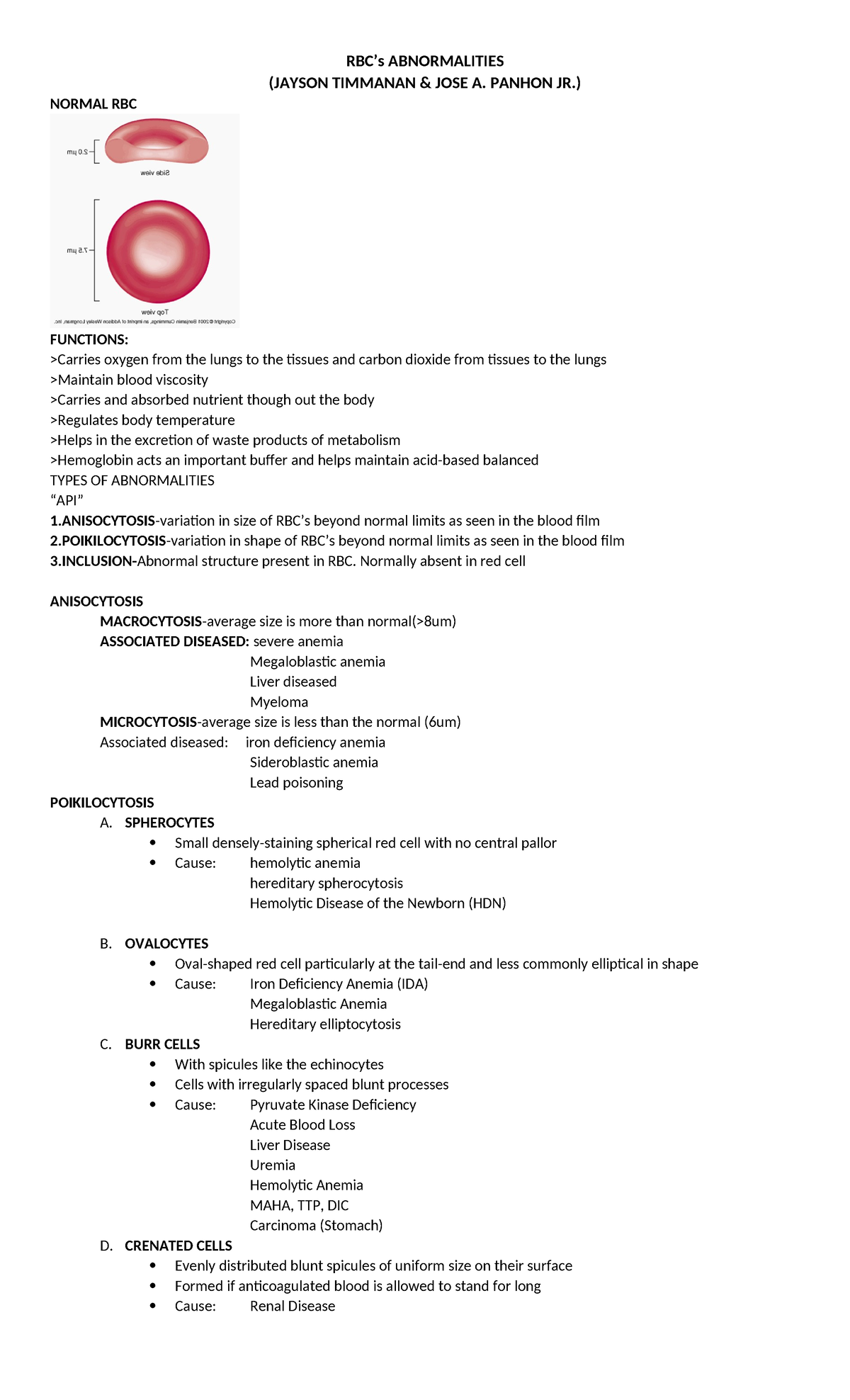 RBCs- Abnormality - Lecture notes - RBC’s ABNORMALITIES (JAYSON ...