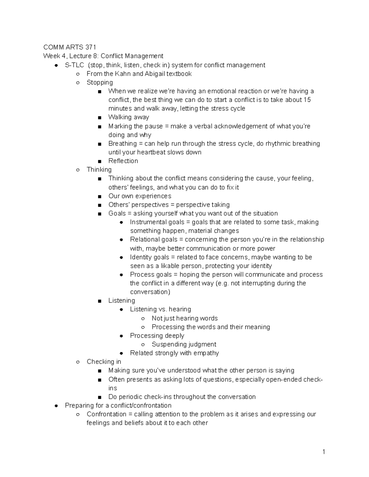 Lecture 8 - COMM ARTS 371 Week 4, Lecture 8: Conflict Management S-TLC ...