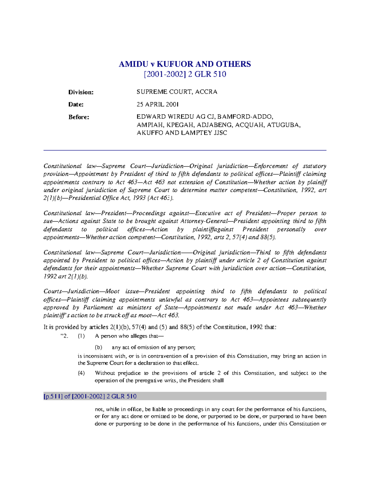 Amidu v Kufuor AND Others - AMIDU v KUFUOR AND OTHERS [2001-2002] 2 GLR ...